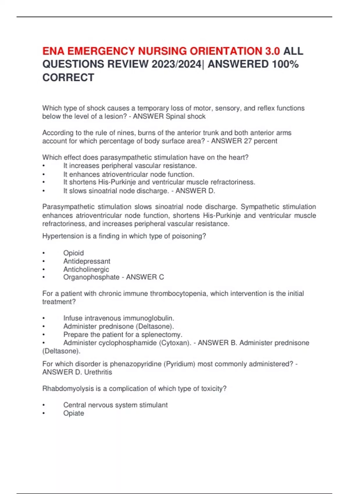 ENA EMERGENCY NURSING ORIENTATION 3.0 ALL QUESTIONS REVIEW 2023/2024 ...