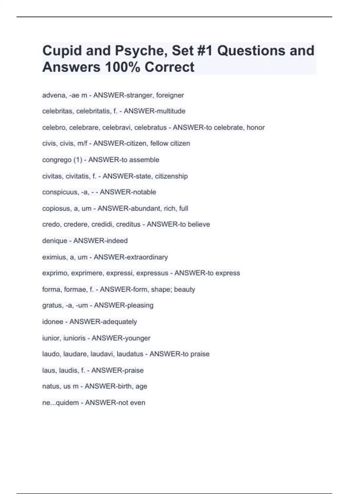 Cupid and Psyche, Set #1 Questions and Answers 100% Correct - Cupid and ...