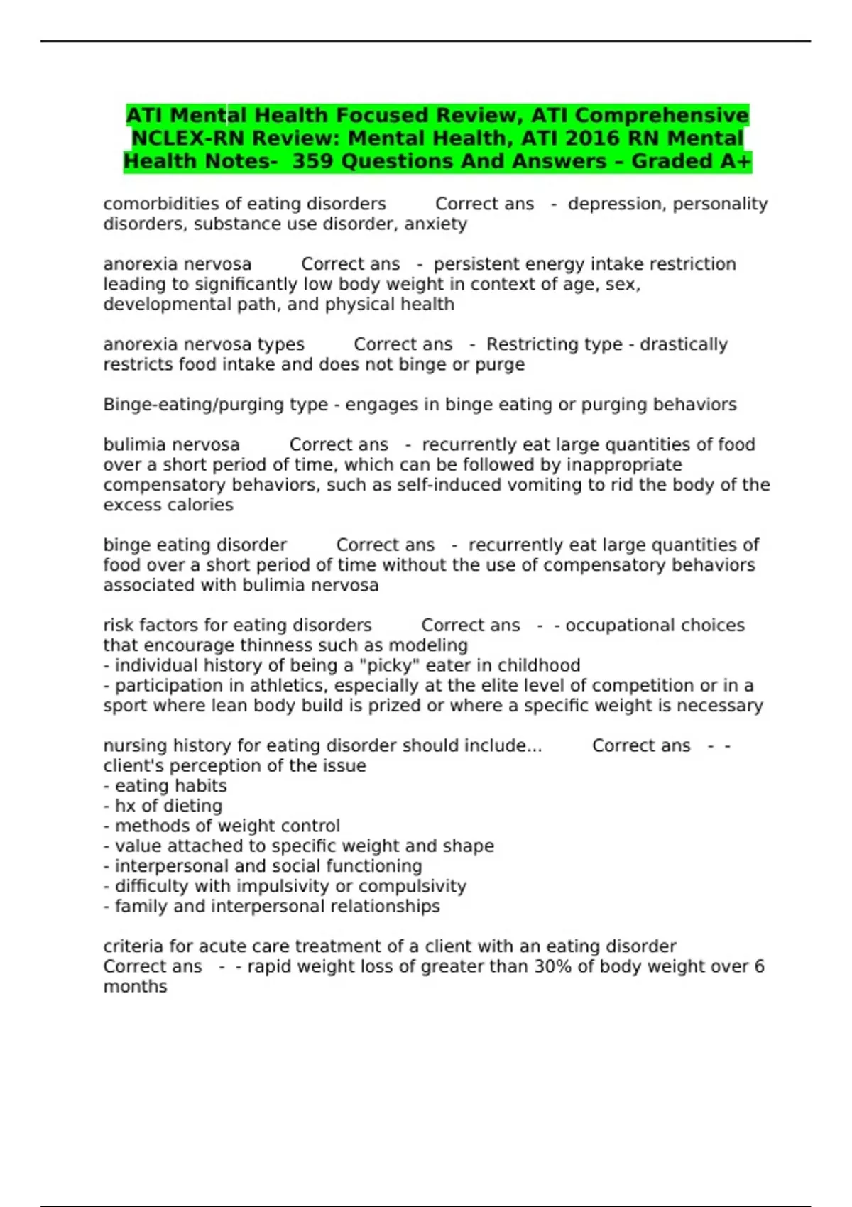 ATI Mental Health Focused Review, ATI Comprehensive NCLEX-RN Review ...