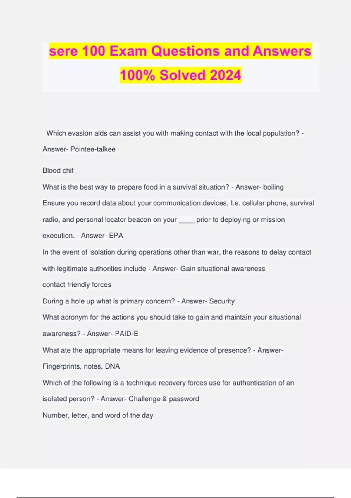 sere 100 Exam Questions and Answers 100% Solved 2024 - SERE 100.2 ...