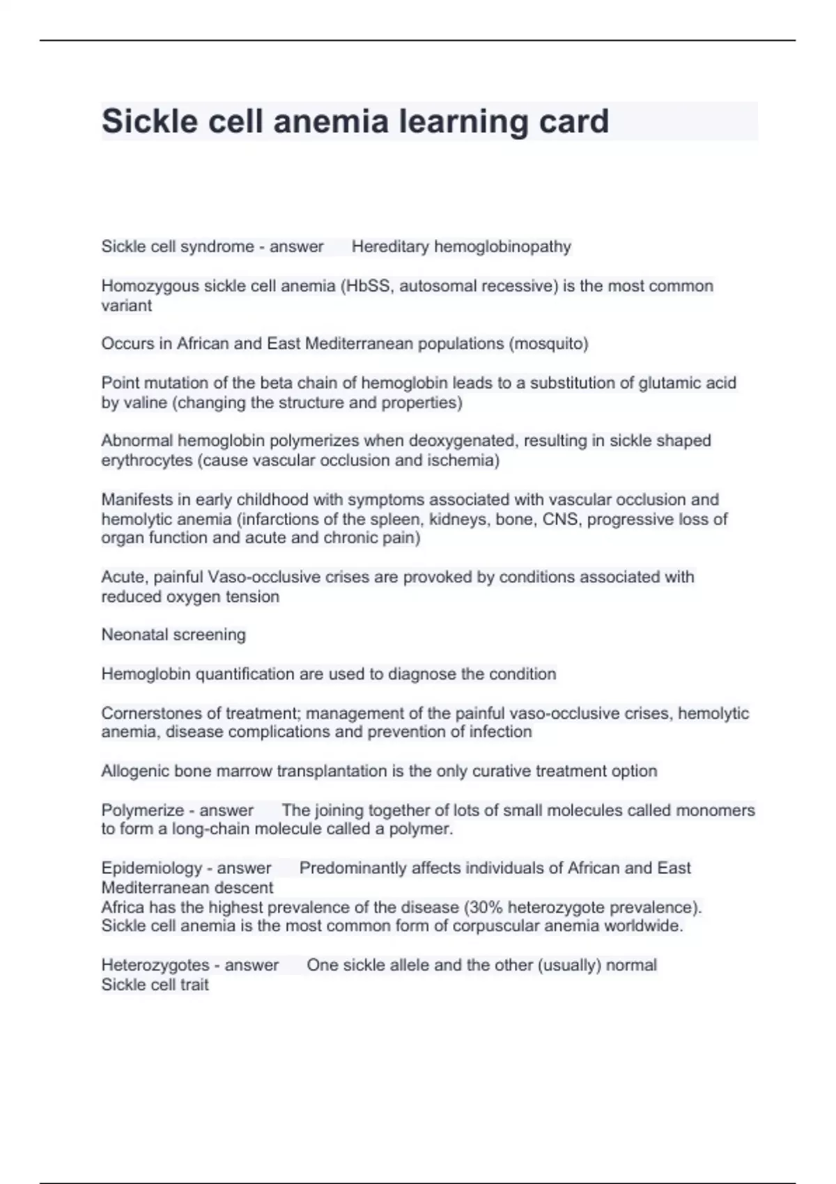 Sickle cell anemia learning card Questions with correct Answers 2024 - HBSS - Stuvia US