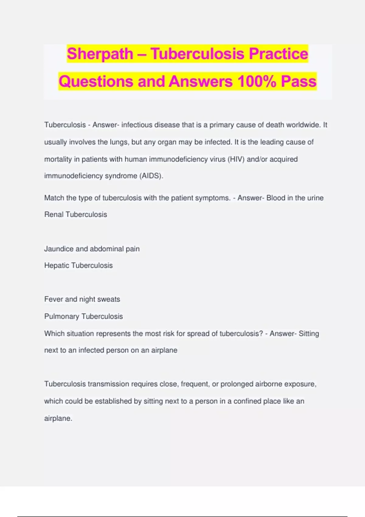 Sherpath – Tuberculosis Practice Questions and Answers 100% Pass ...