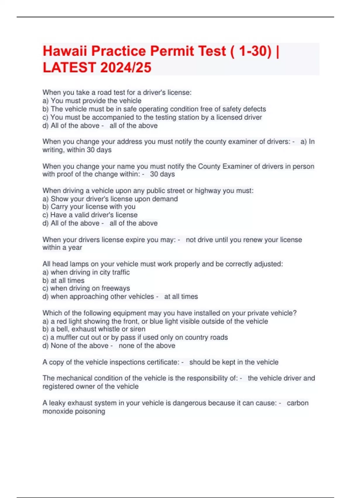 Hawaii Practice Permit Test ( 1-30) | LATEST 2024/25 - Hawaii Practice ...