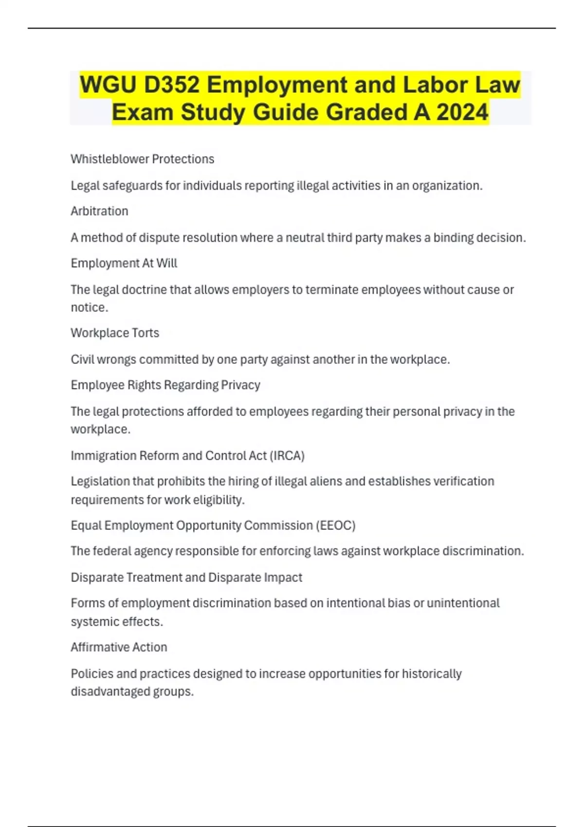 WGU D352 Employment and Labor Law Exam Study Guide Graded A 2024 - WGU ...