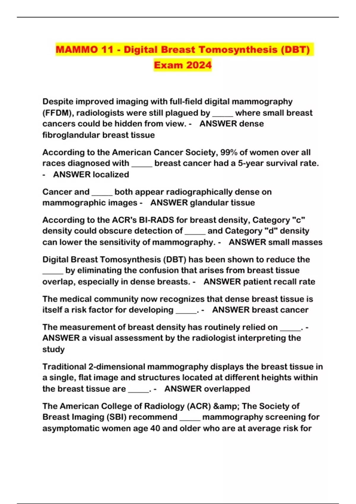 MAMMO 11 - Digital Breast Tomosynthesis (DBT) Exam 2024 - MAMMO 11 ...
