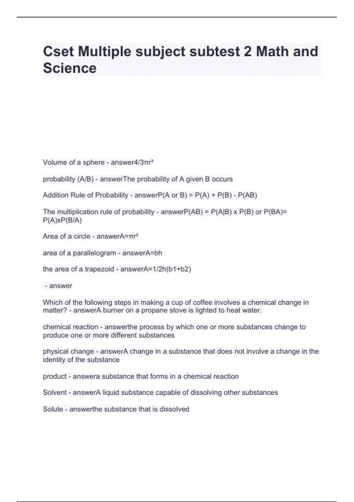 Cset Multiple subject subtest 2 Math and Science questions and answers ...