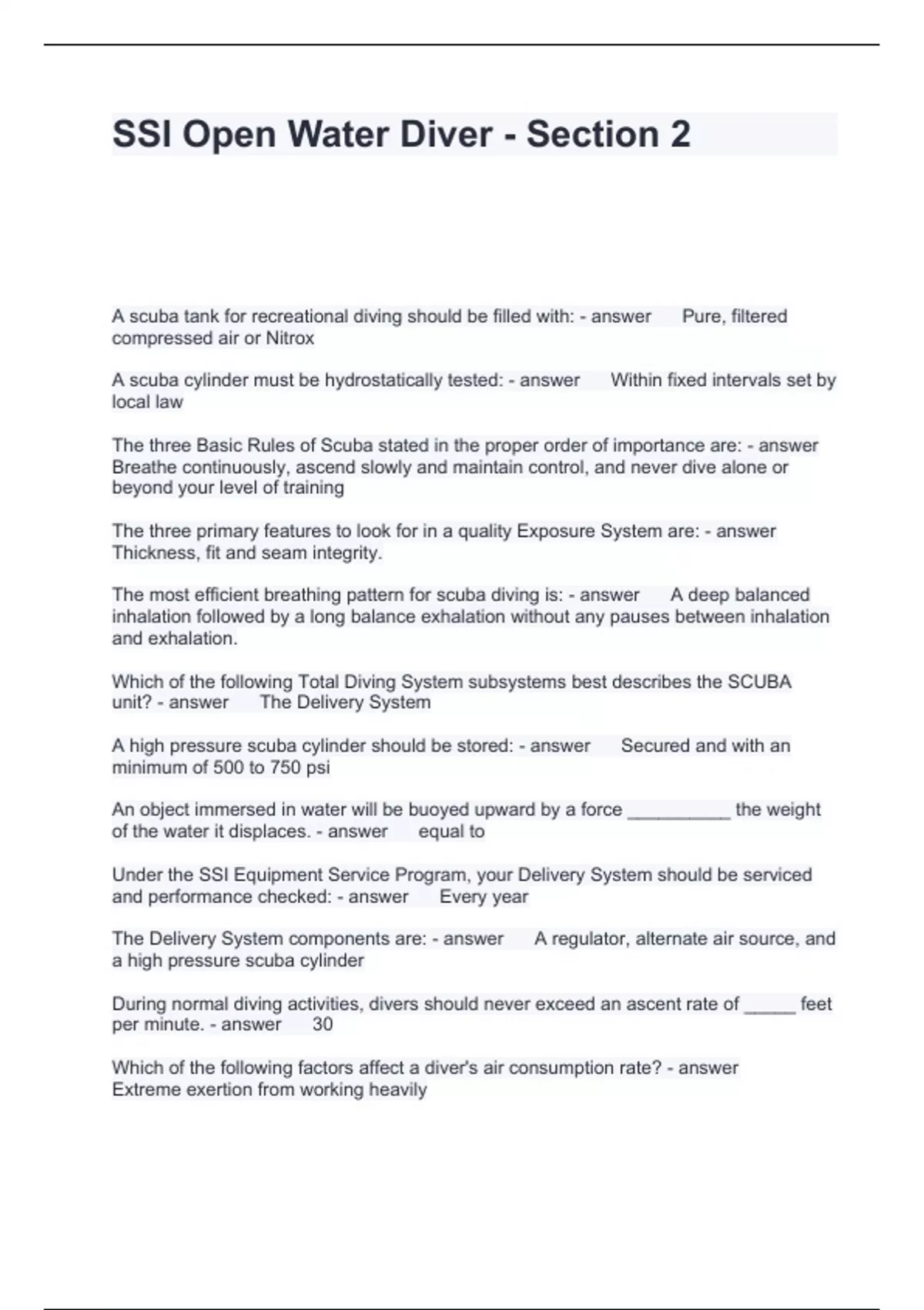 SSI Open Water Diver - Section 2, Questions with correct Answers 2024 ...