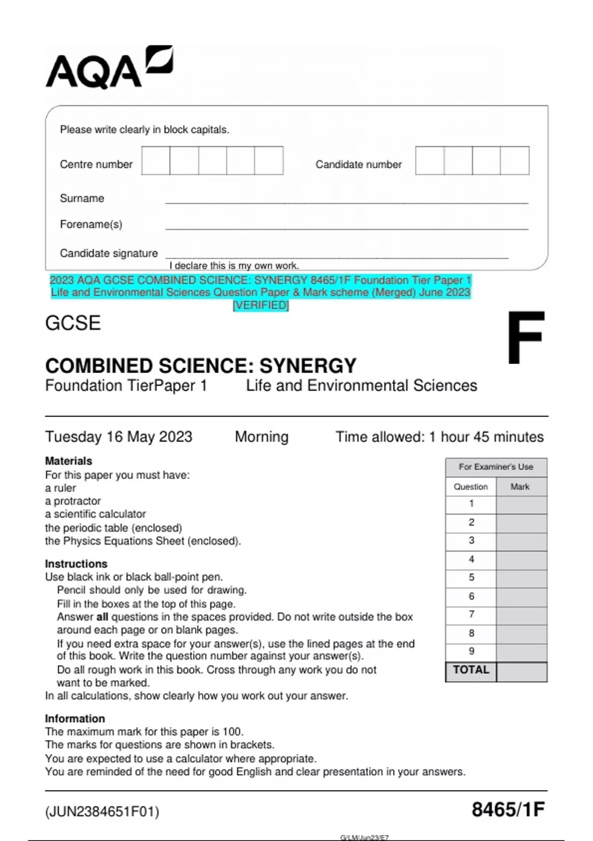 2023 Aqa Gcse Combined Science Synergy 8465 1f Foundation Tier Paper 1