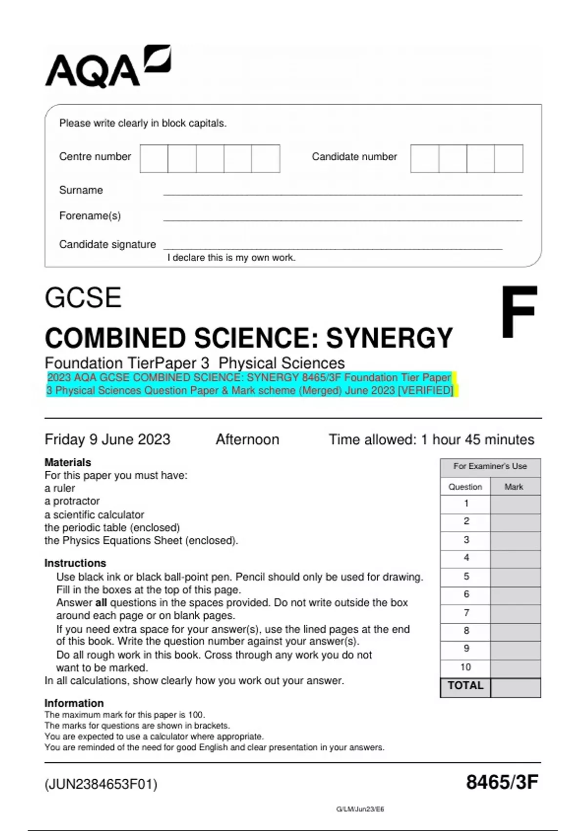 2023 AQA GCSE COMBINED SCIENCE: SYNERGY 8465/3F Foundation Tier Paper 3 ...