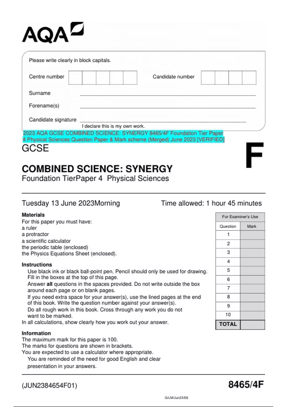 2023 AQA GCSE COMBINED SCIENCE: SYNERGY 8465/4F Foundation Tier Paper 4 ...