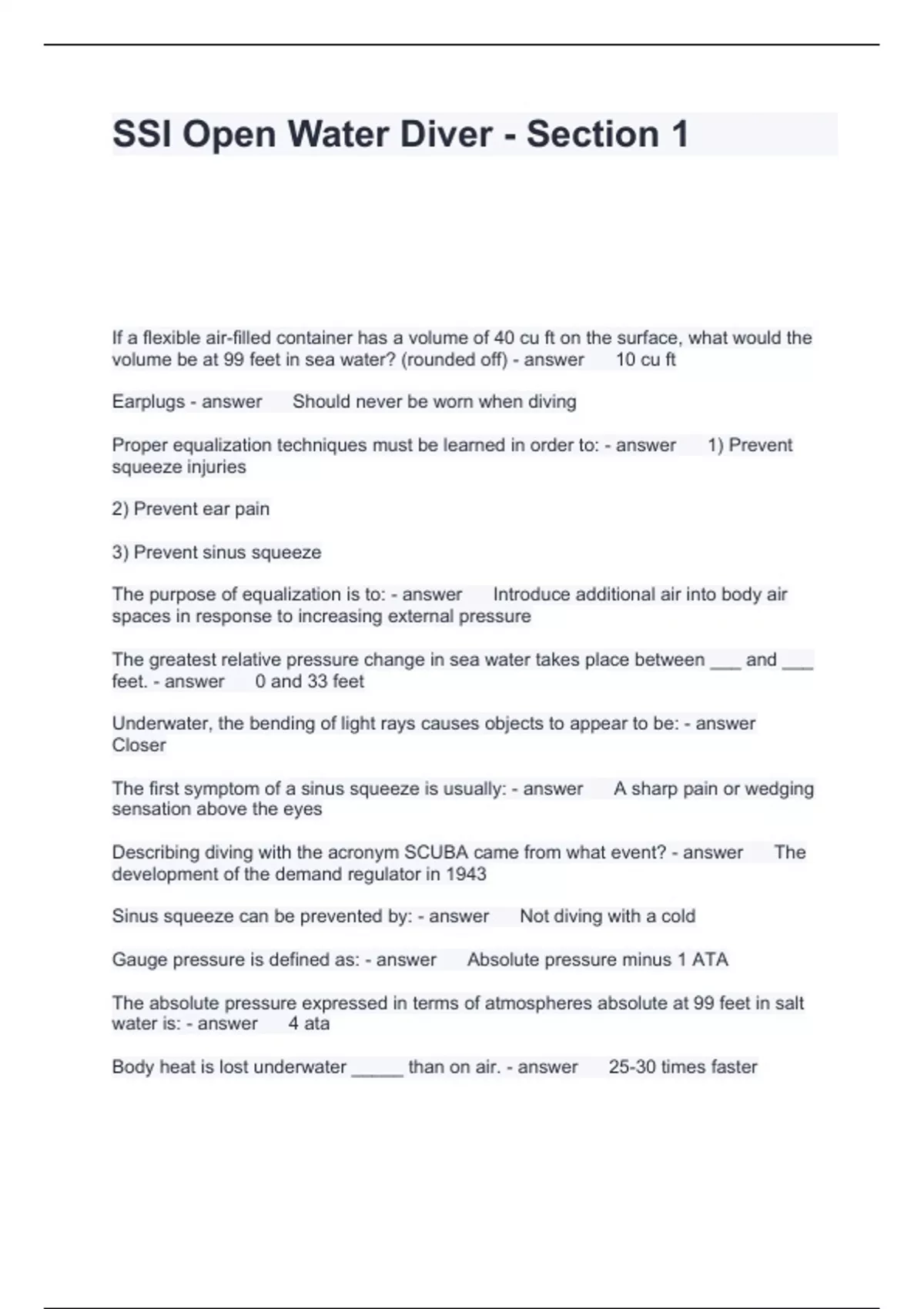 SSI Open Water Diver - Section 1, Questions with correct Answers 2024 ...