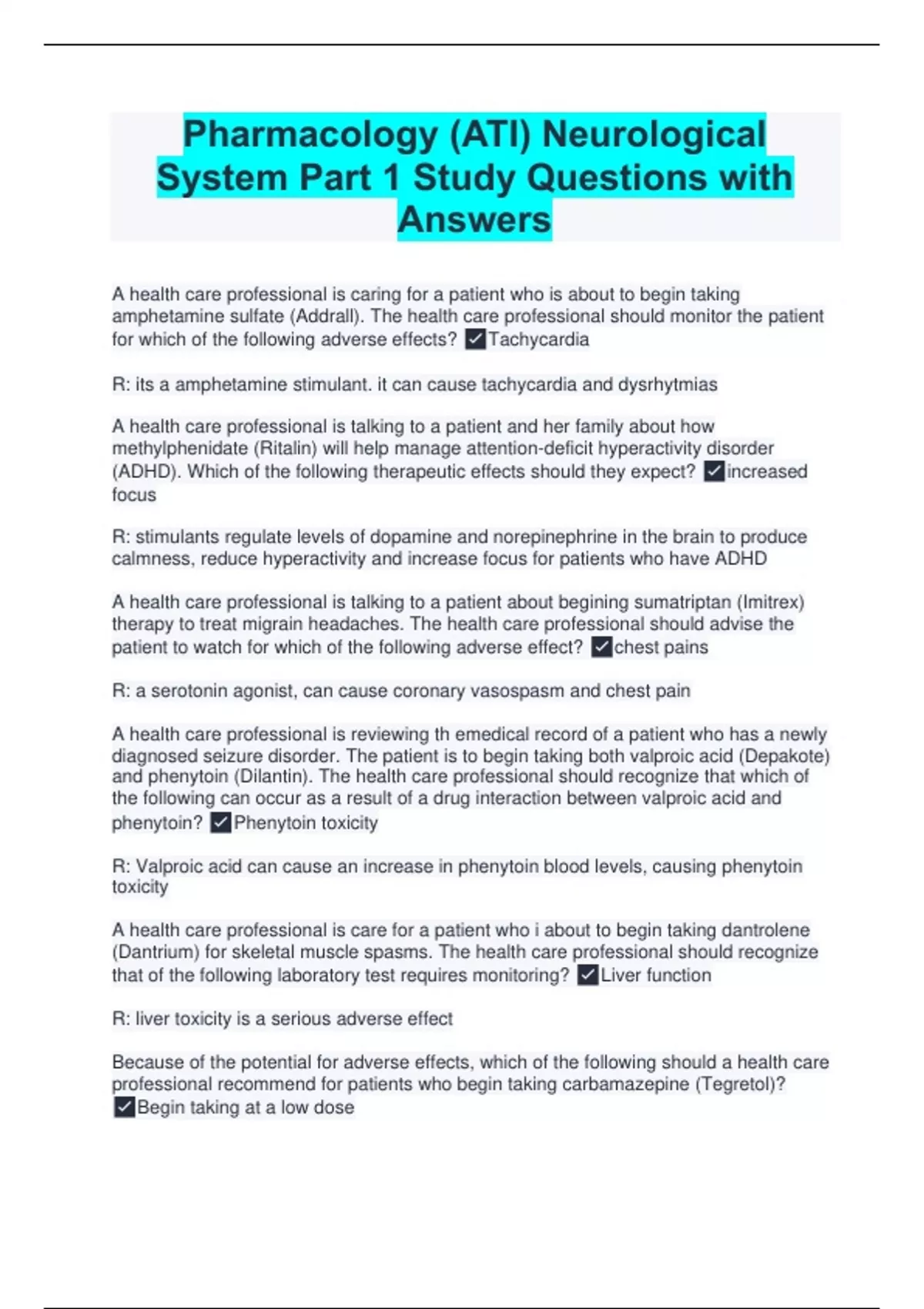 Pharmacology (ATI) Neurological System Part 1 Study Questions with ...