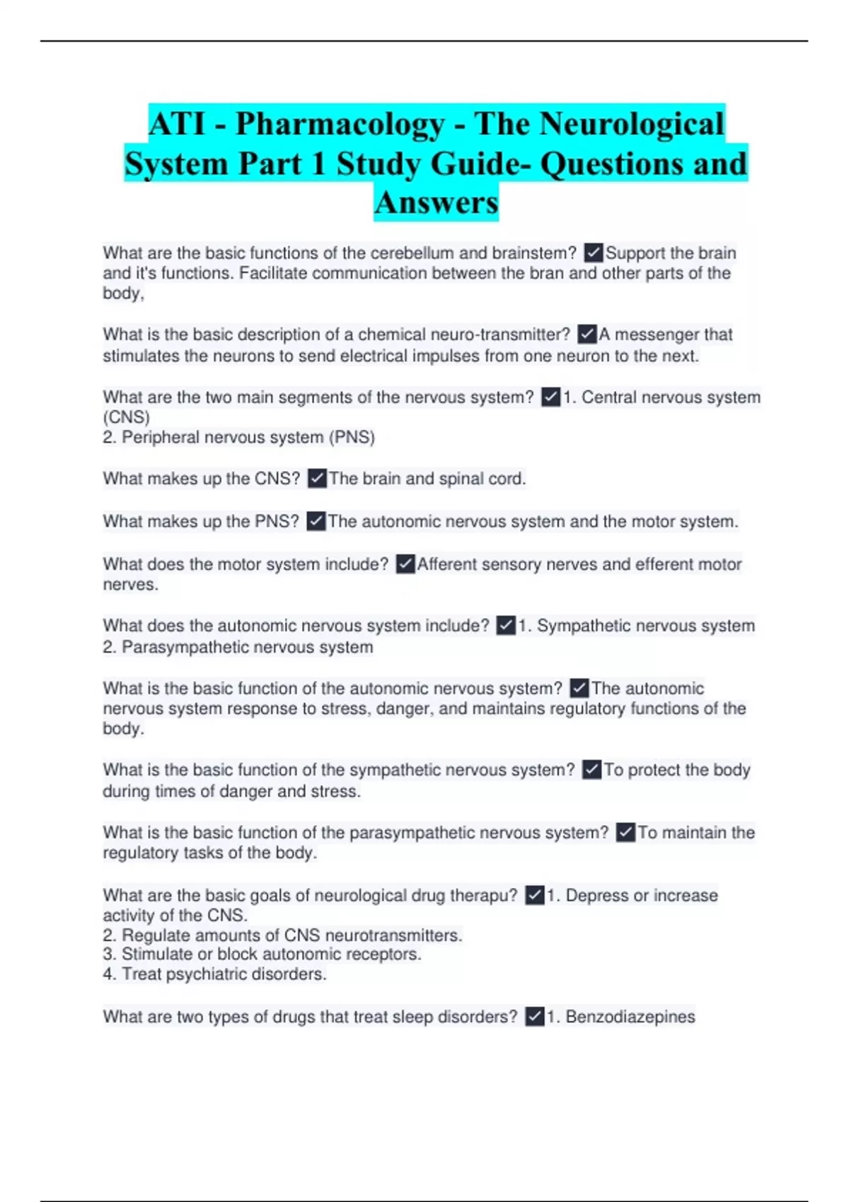 ATI - Pharmacology - The Neurological System Part 1 Study Guide ...