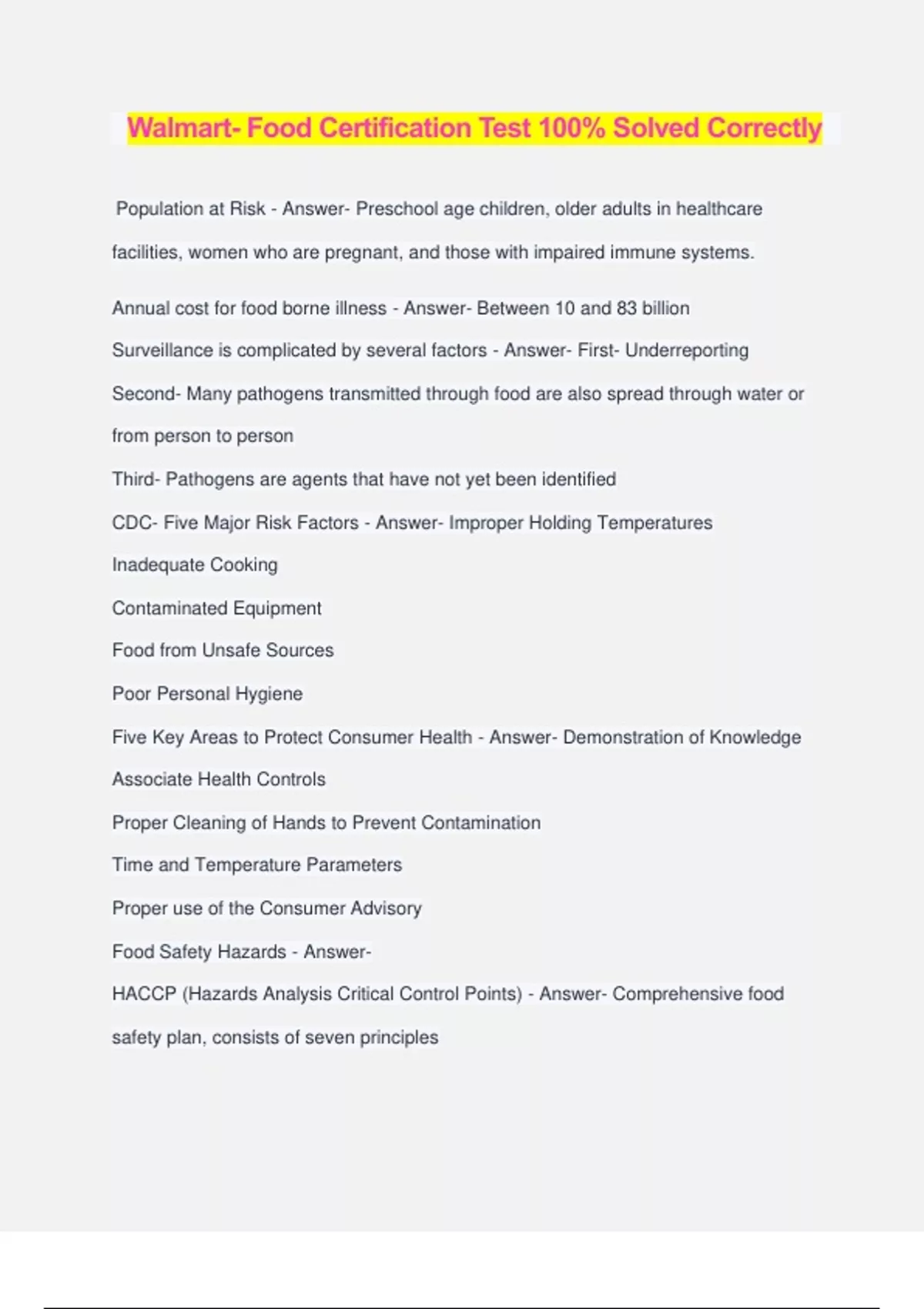 Walmart- Food Certification Test 100% Solved Correctly - Walmart ...