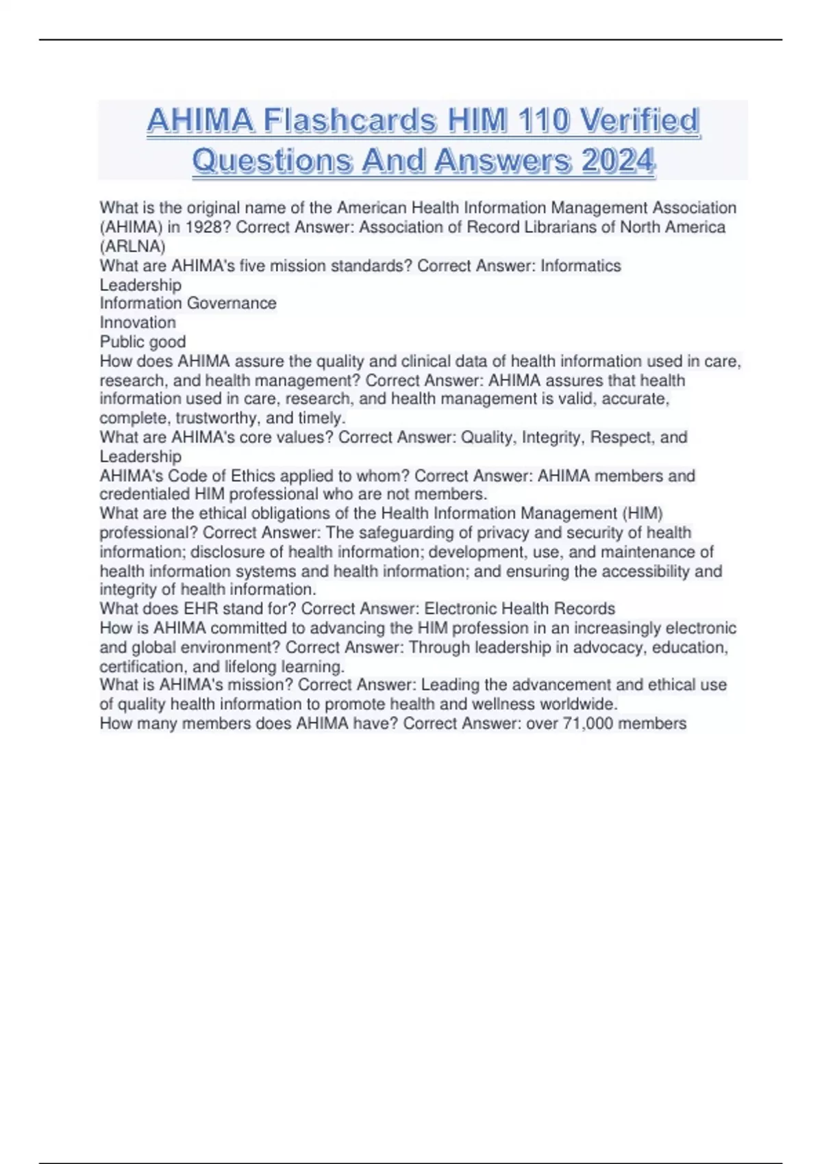 AHIMA Flashcards HIM 110 Verified Questions And Answers 2024 - AHIMA ...