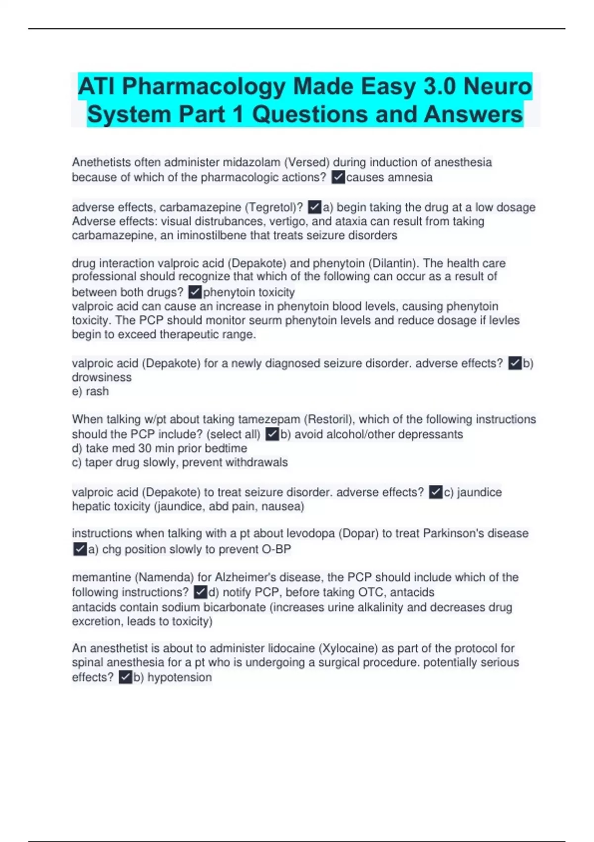 ATI Pharmacology Made Easy 3.0 Neuro System Part 1 Questions and ...