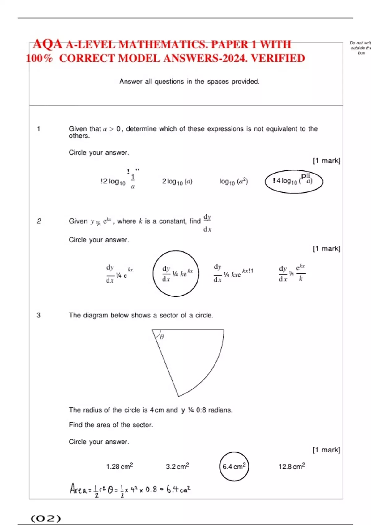 AQA A-LEVEL MATHEMATICS. PAPER 1 WITH 100% CORRECT MODEL ANSWERS-2024. VERIFIED - AQA A-LEVEL ...