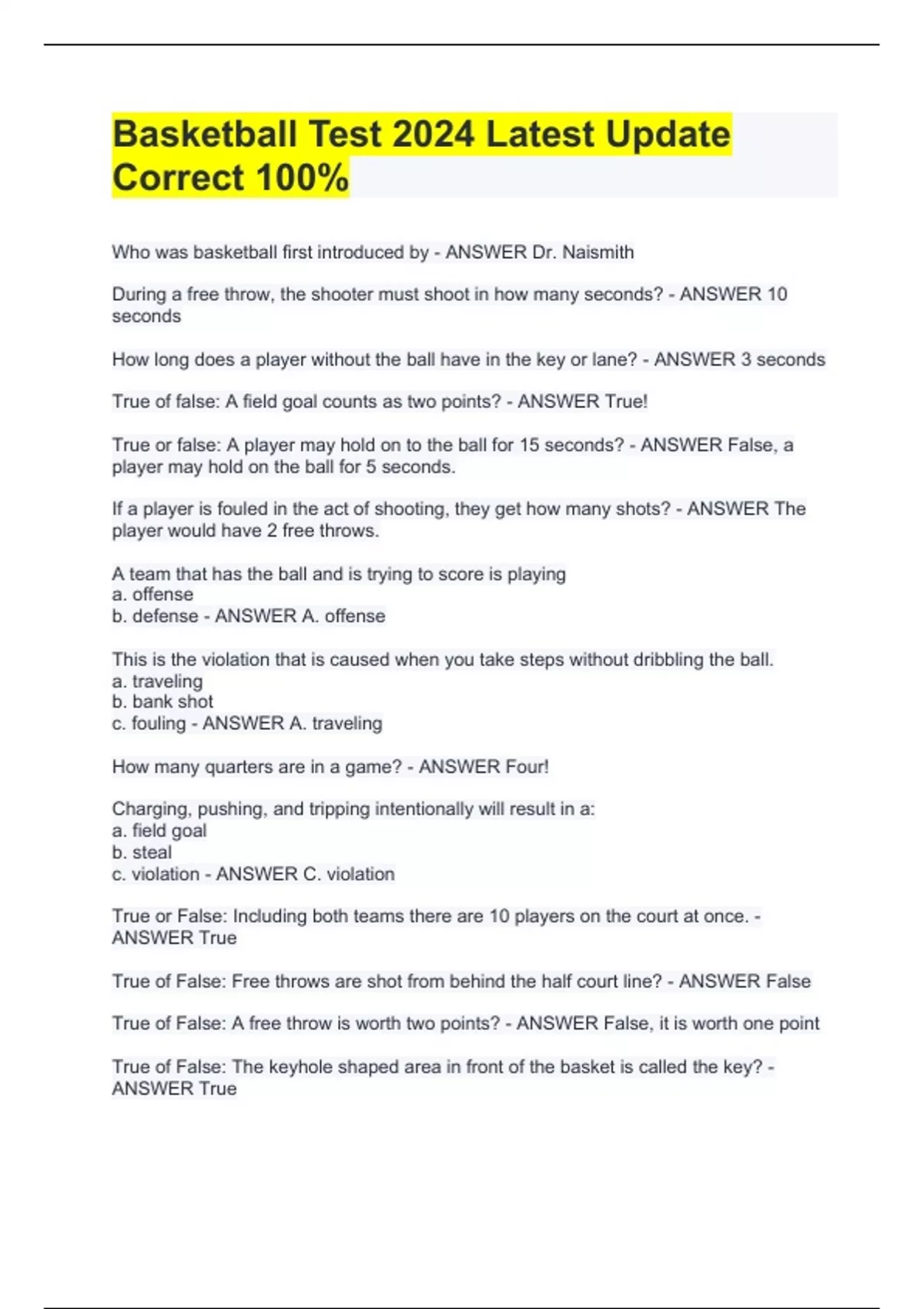 Basketball Test 2024 Latest Update Correct 100% - Basketball - Stuvia US