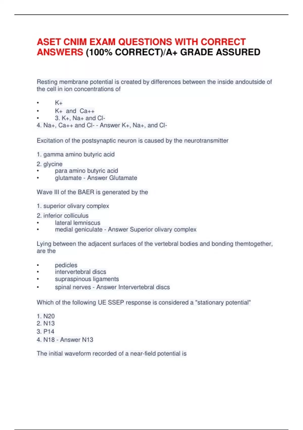 ASET CNIM EXAM QUESTIONS WITH CORRECT ANSWERS (100% CORRECT)A+ GRADE ...