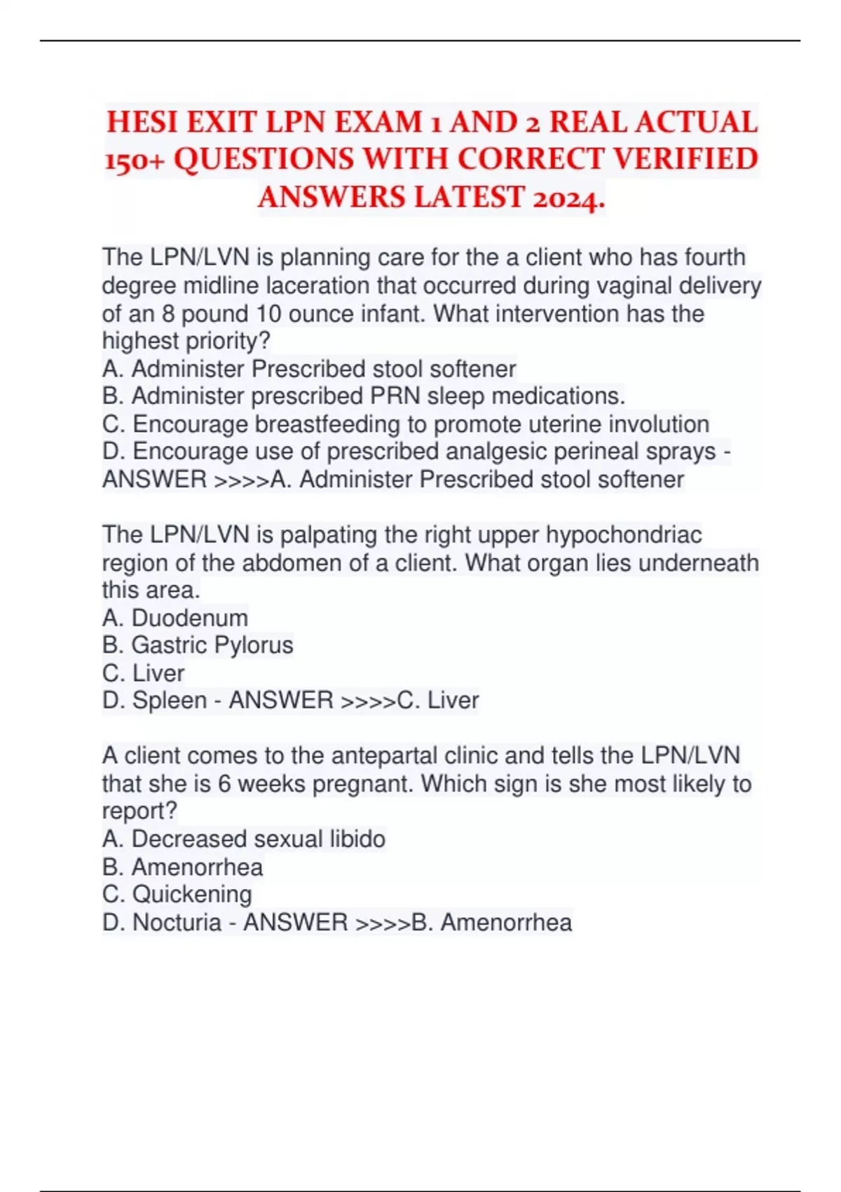 HESI EXIT LPN EXAM 1 AND 2 REAL ACTUAL 150+ QUESTIONS WITH CORRECT ...