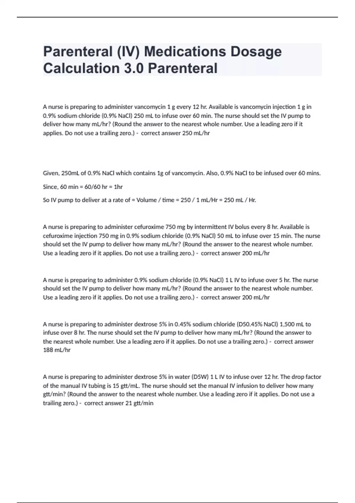 Parenteral (IV) Medications Dosage Calculation 3.0 Parenteral questions ...