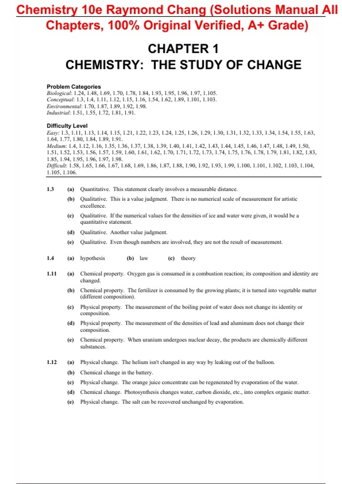 Solutions Manual for Chemistry 10th Edition By Raymond Chang (All ...