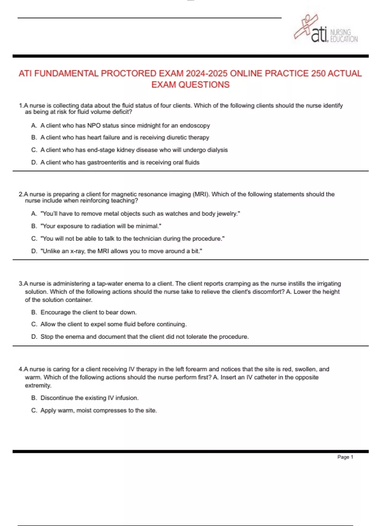 ATI FUNDAMENTAL PROCTORED EXAM ONLINE PRACTICE 250 ACTUAL EXAM - Nursing - Stuvia US