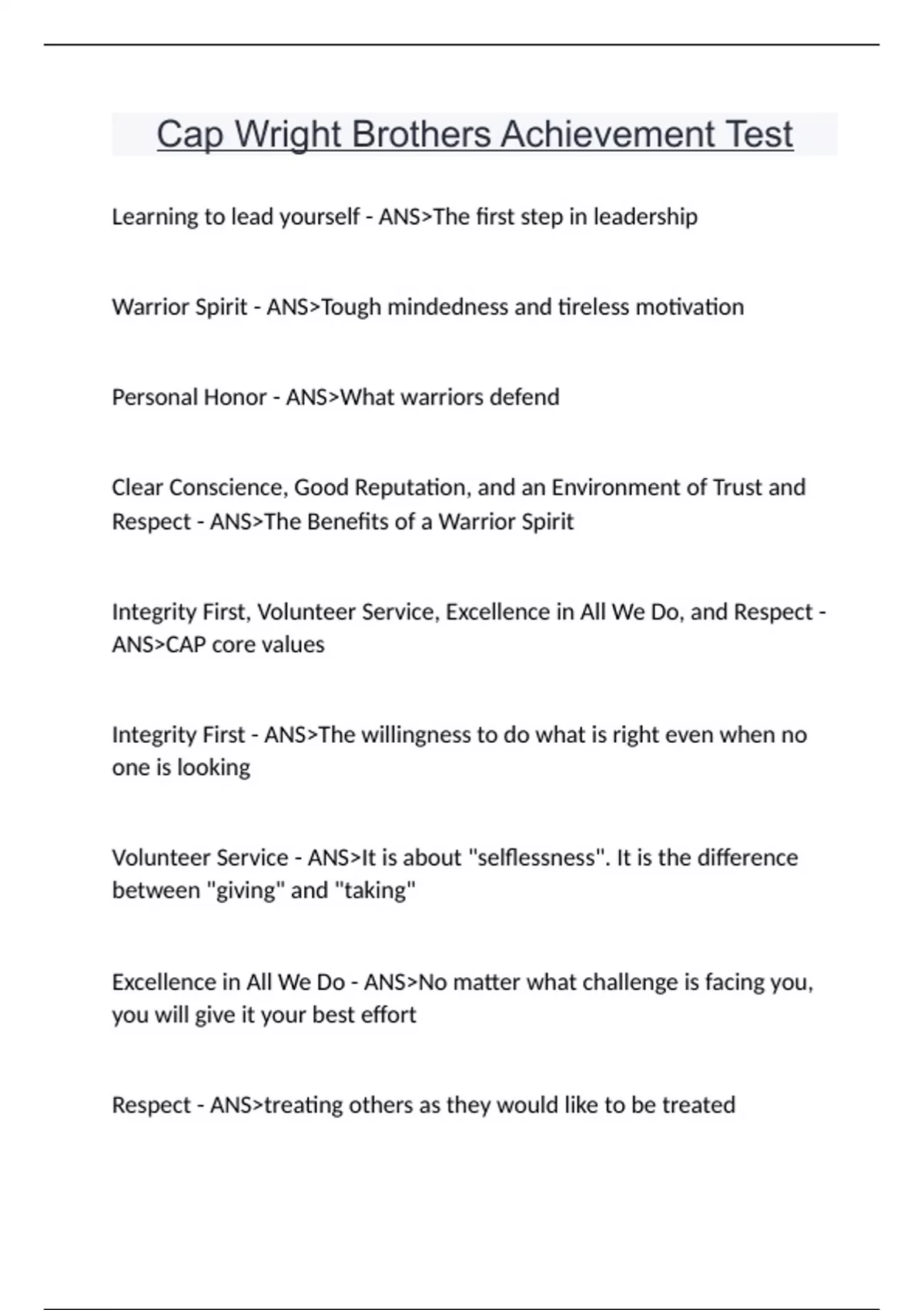 Cap Wright Brothers Achievement Test Questions and answers latest ...