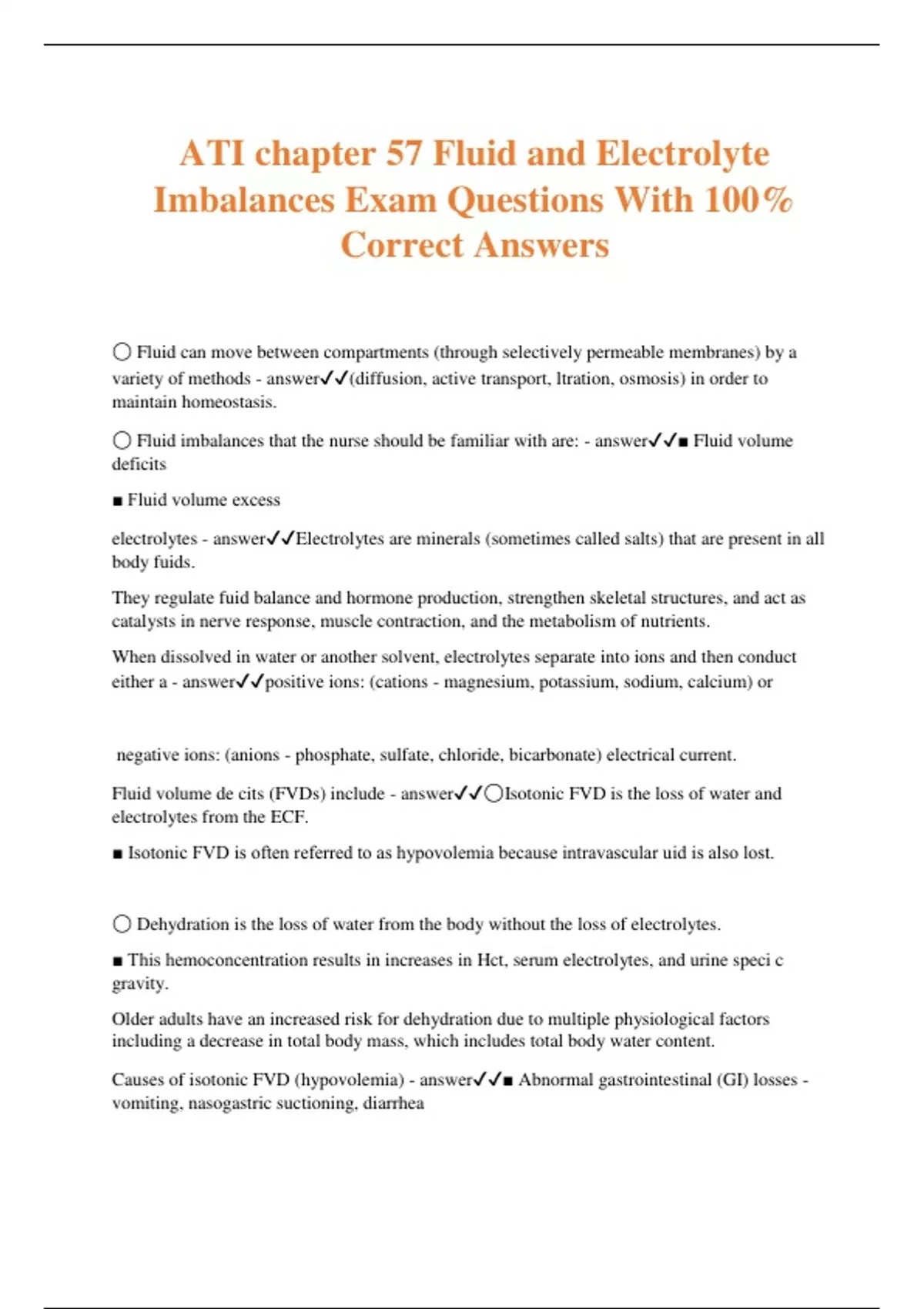 ATI chapter 57 Fluid and Electrolyte Imbalances Exam Questions With 100 ...