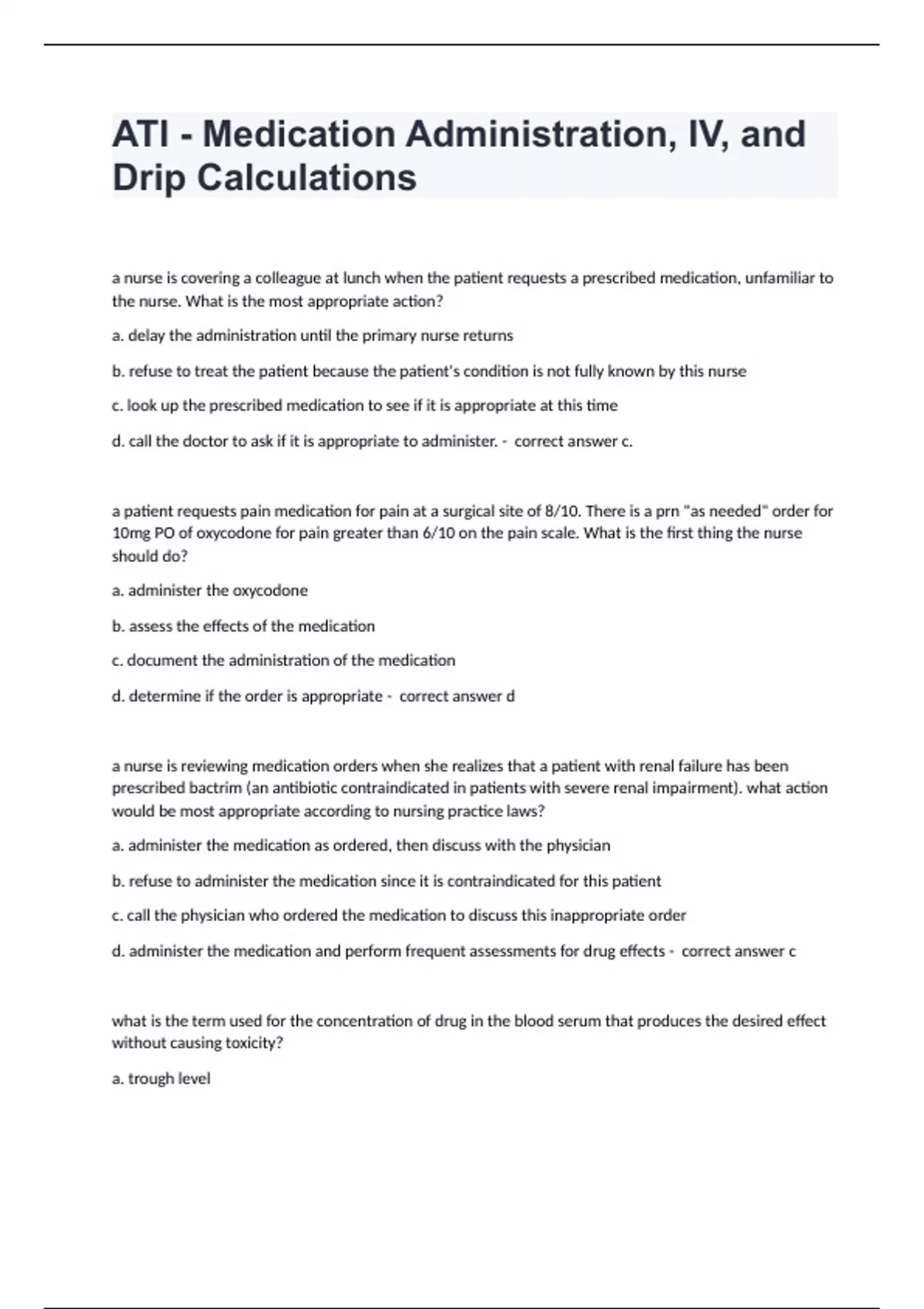 ATI - Medication Administration, IV, and Drip Calculations questions ...