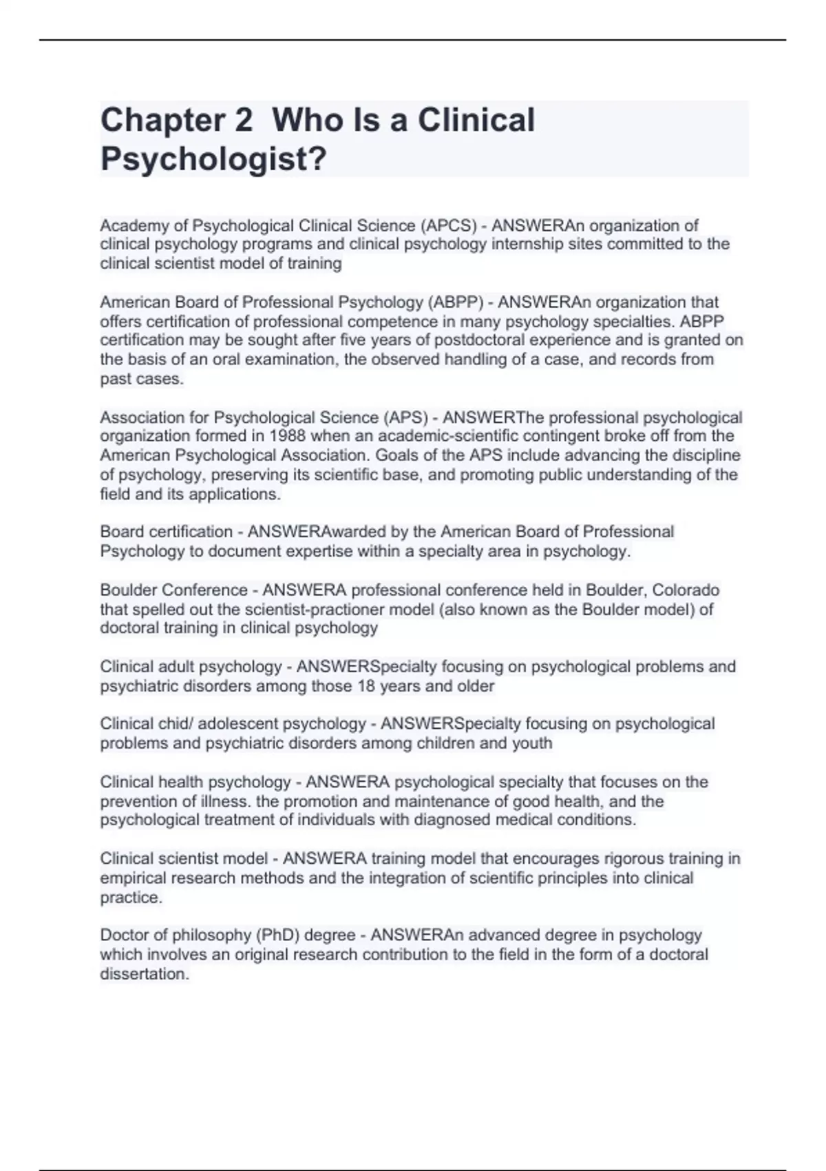 Chapter 2 Who Is a Clinical Psychologist.Test exams with answers - ABPP ...