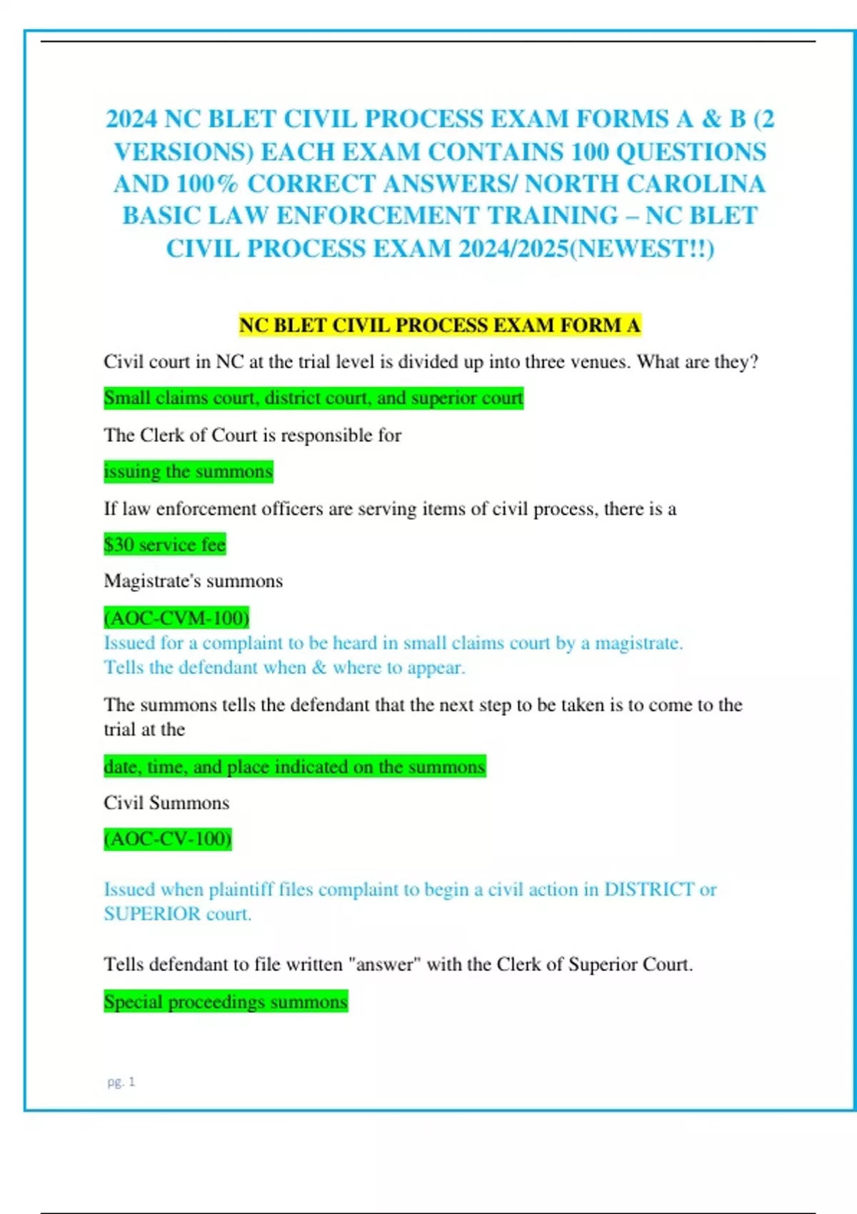 2024 NC BLET CIVIL PROCESS EXAM FORMS A & B (2 VERSIONS) EACH EXAM ...