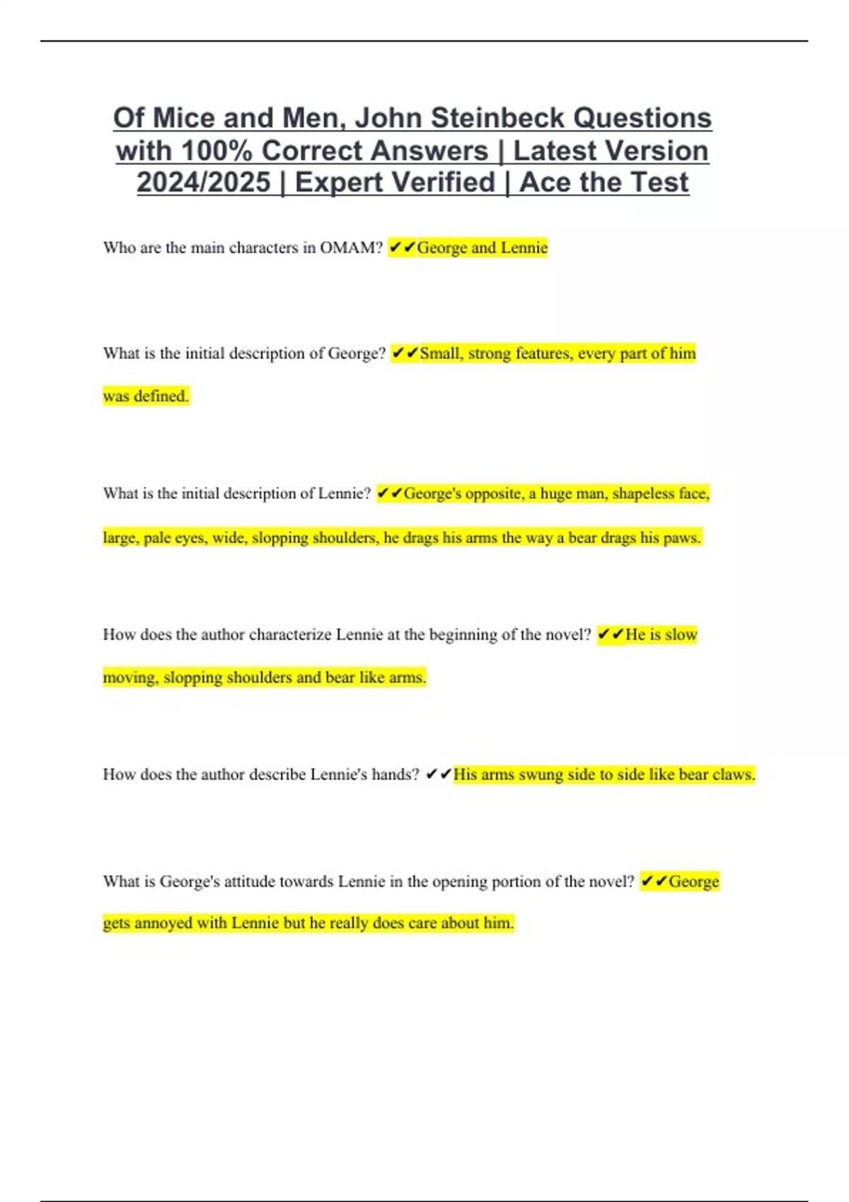 Of Mice and Men, John Steinbeck Questions with 100% Correct Answers ...