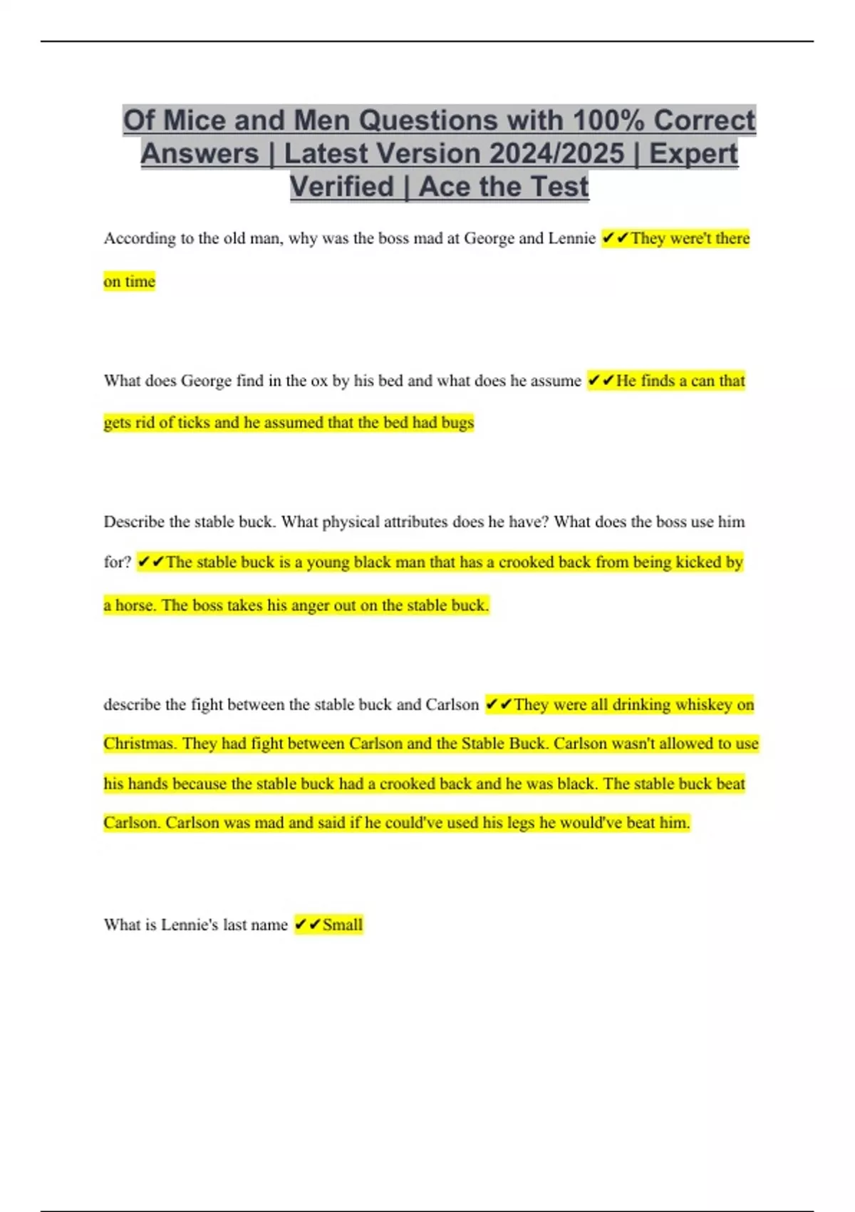 Of Mice and Men Questions with 100% Correct Answers | Latest Version ...