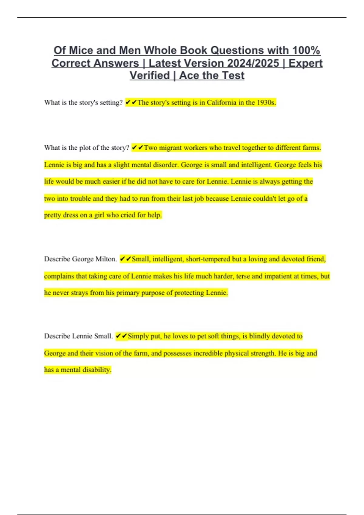 Of Mice and Men Whole Book Questions with 100% Correct Answers | Latest ...