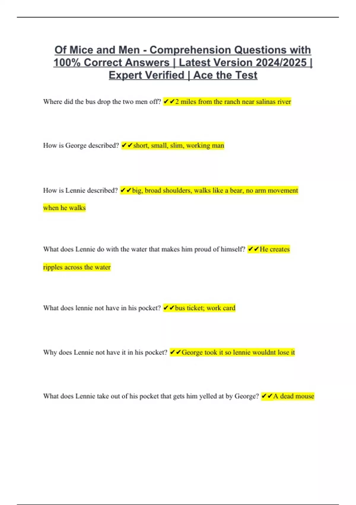 Of Mice and Men - Comprehension Questions with 100% Correct Answers ...