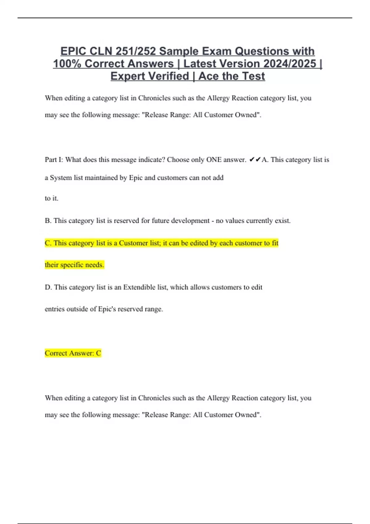 EPIC CLN 251/252 Sample Exam Questions with 100% Correct Answers ...