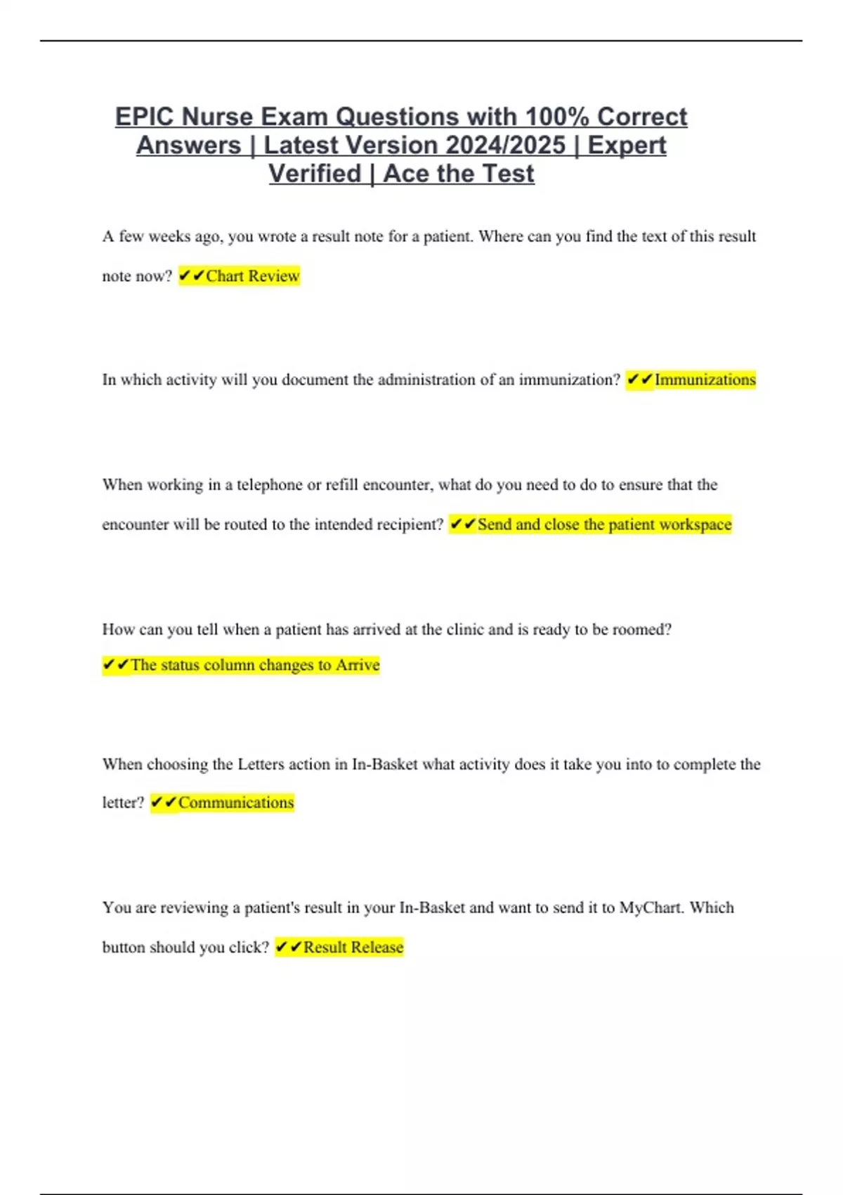 EPIC Nurse Exam Questions with 100% Correct Answers | Latest Version ...