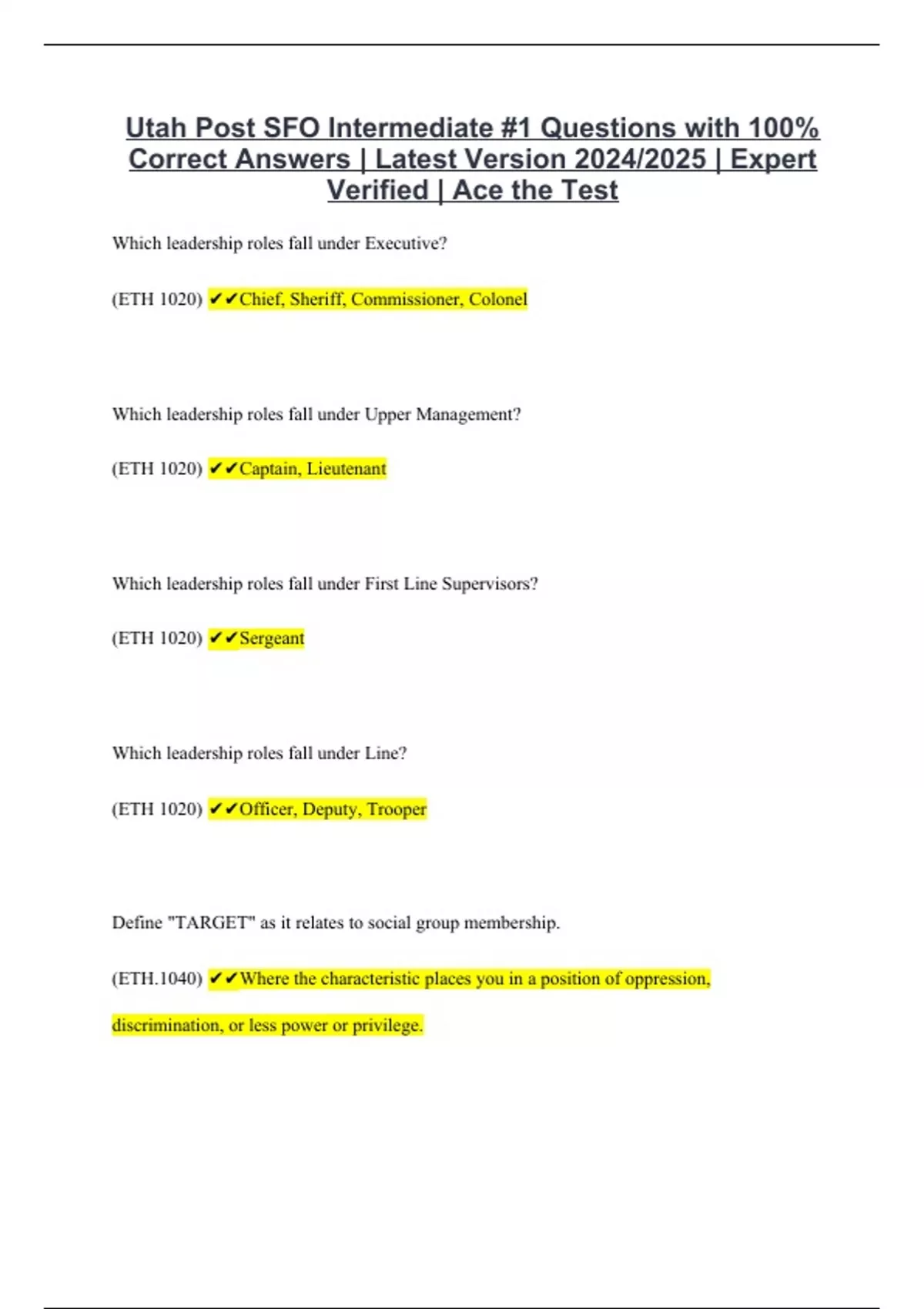 Utah Post SFO Intermediate #1 Questions with 100% Correct Answers ...