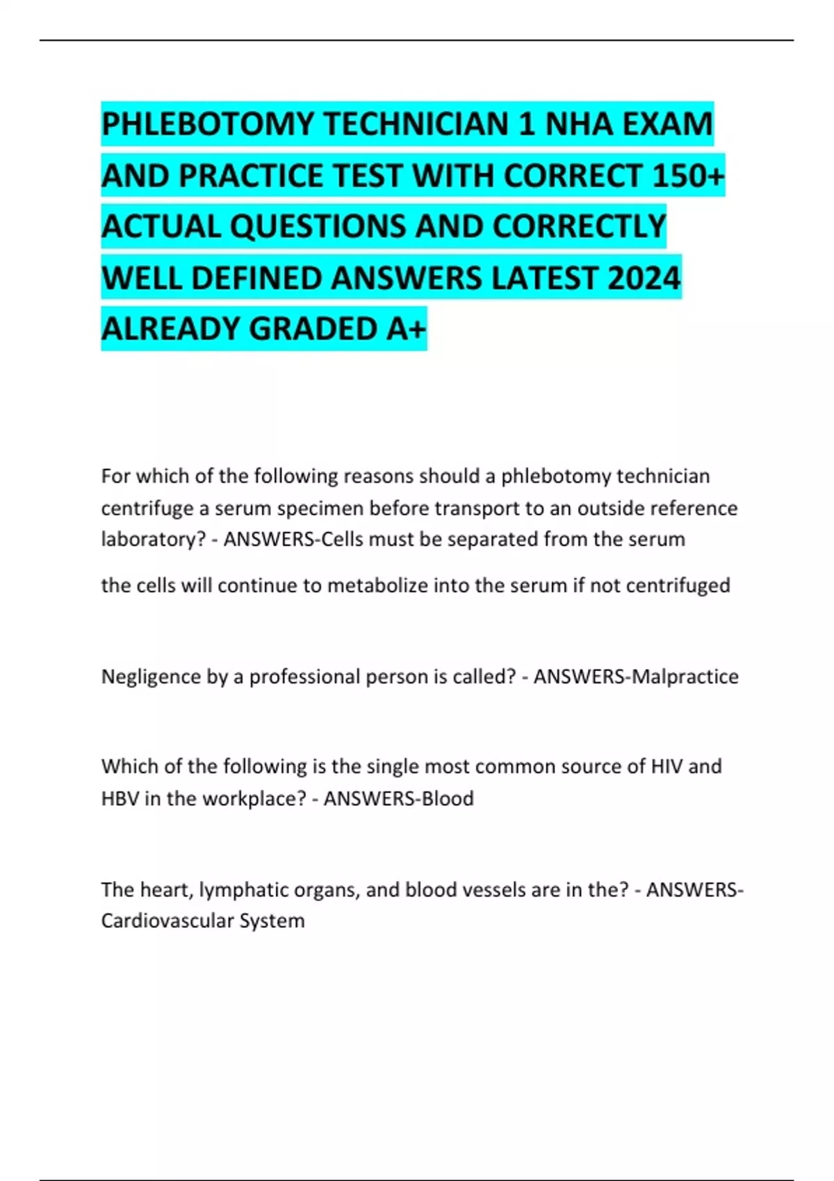 PHLEBOTOMY TECHNICIAN NHA EXAM 3(ACTUAL EXAM) WITH CORRECT 100+ ACTUAL ...