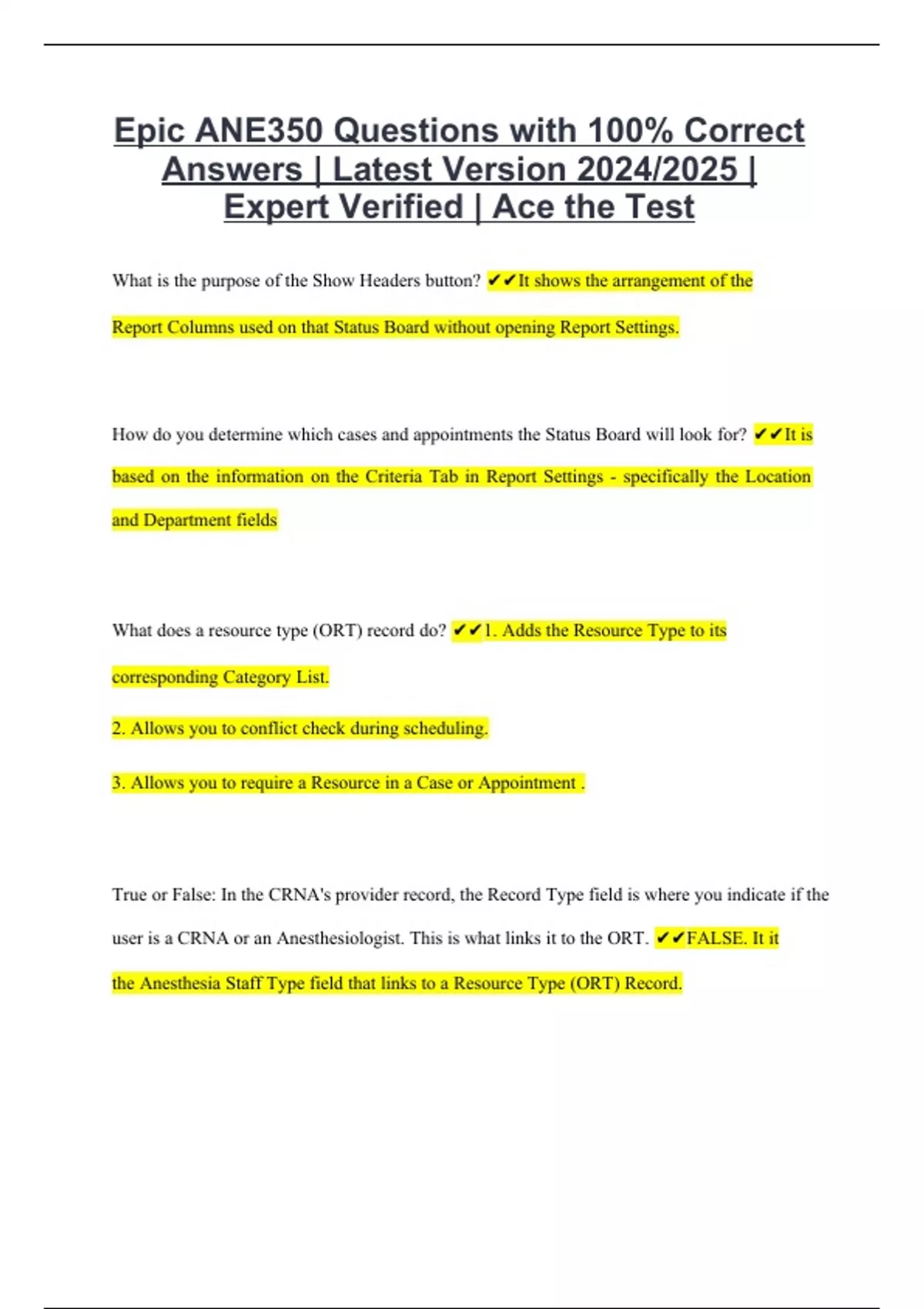 Epic ANE350 Questions with 100% Correct Answers | Latest Version 2024/ ...