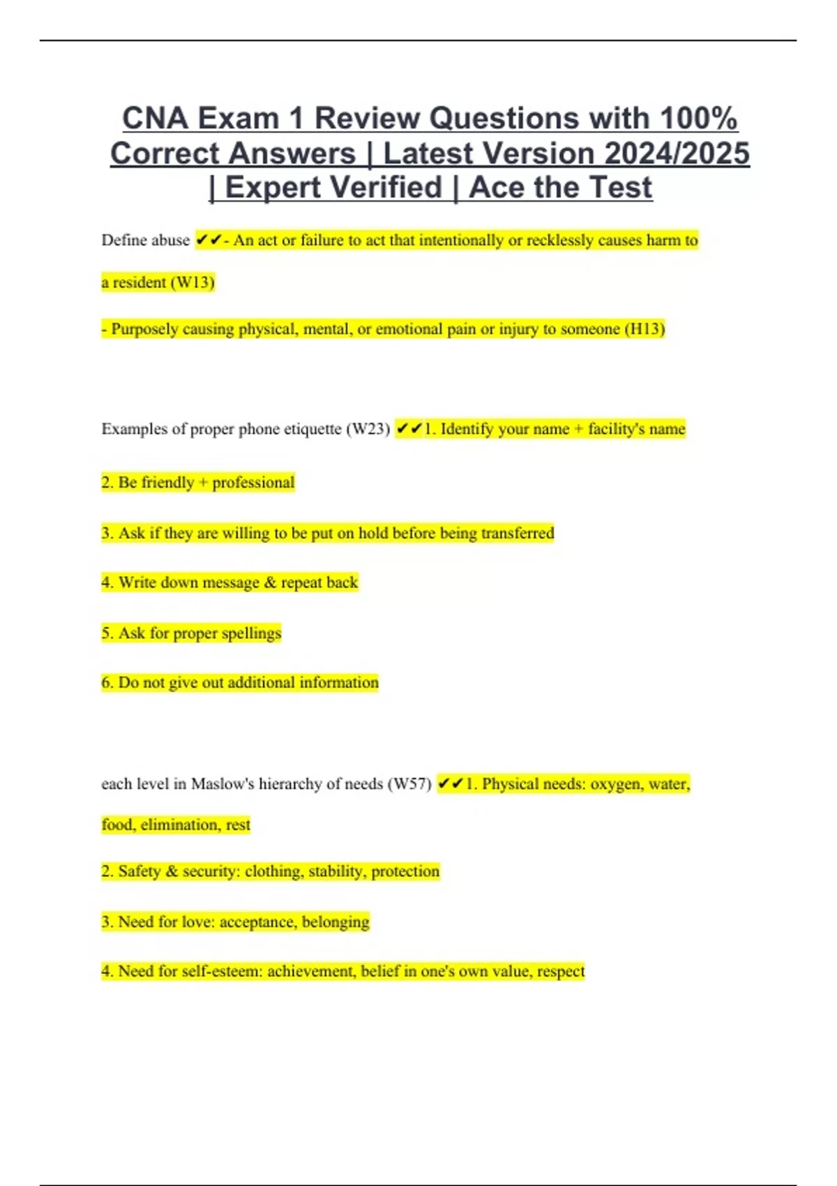 CNA Exam 1 Review Questions with 100% Correct Answers | Latest Version ...
