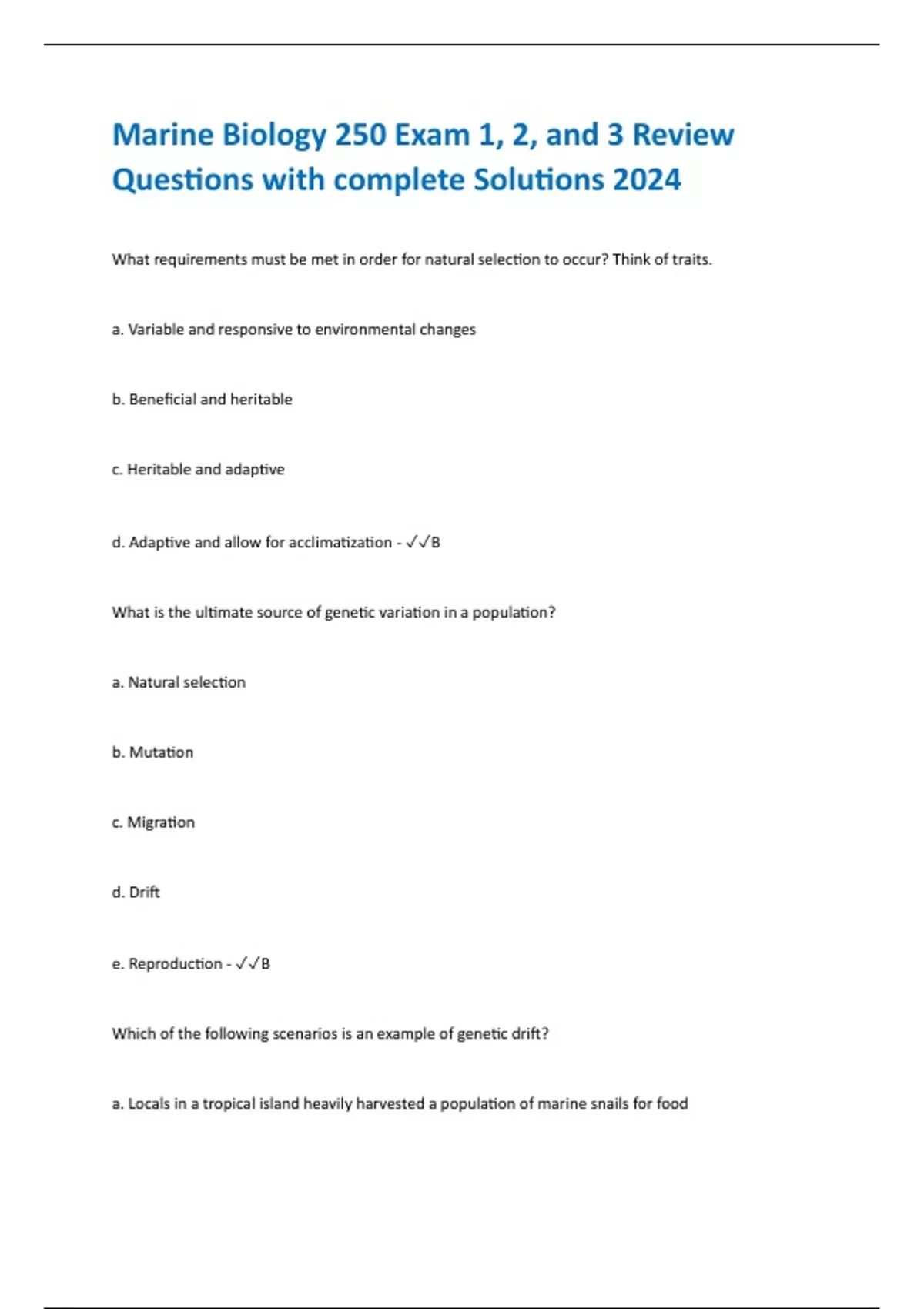 Marine Biology 250 Exam 1, 2, and 3 Review Questions with complete ...