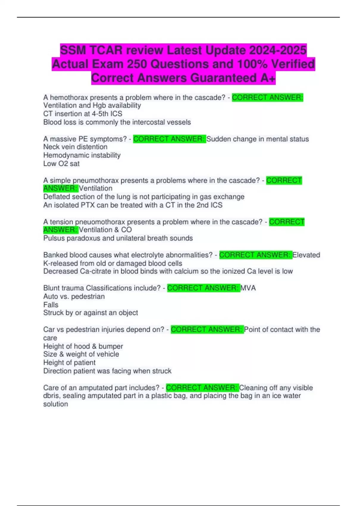 SSM TCAR review Latest Update Actual Exam 250 Questions and 100% ...