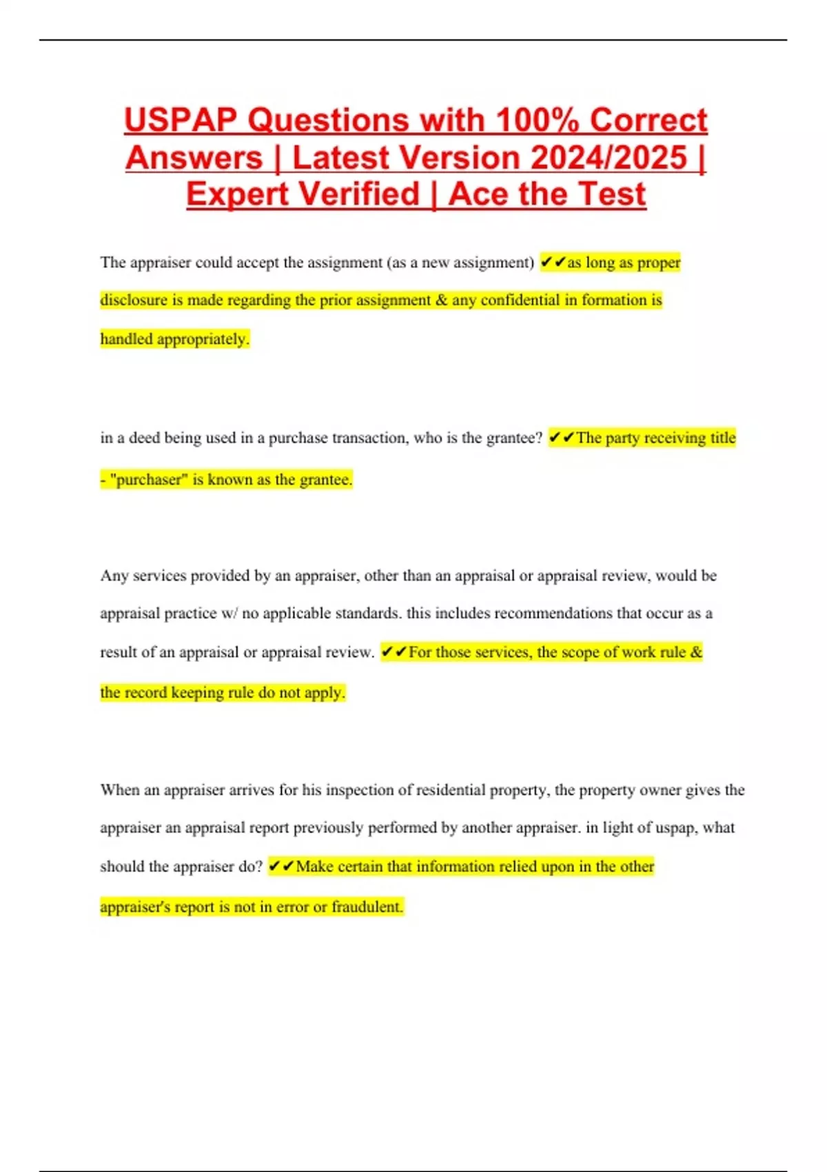 USPAP Questions with 100% Correct Answers | Latest Version 2024/2025 ...