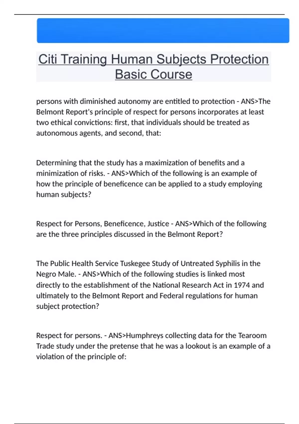 Citi Training Human Subjects Protection Basic Course Questions And ...