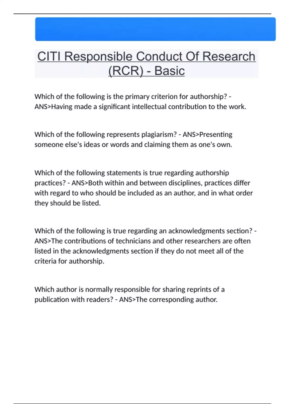 CITI Responsible Conduct Of Research (RCR) - Basic Questions And ...