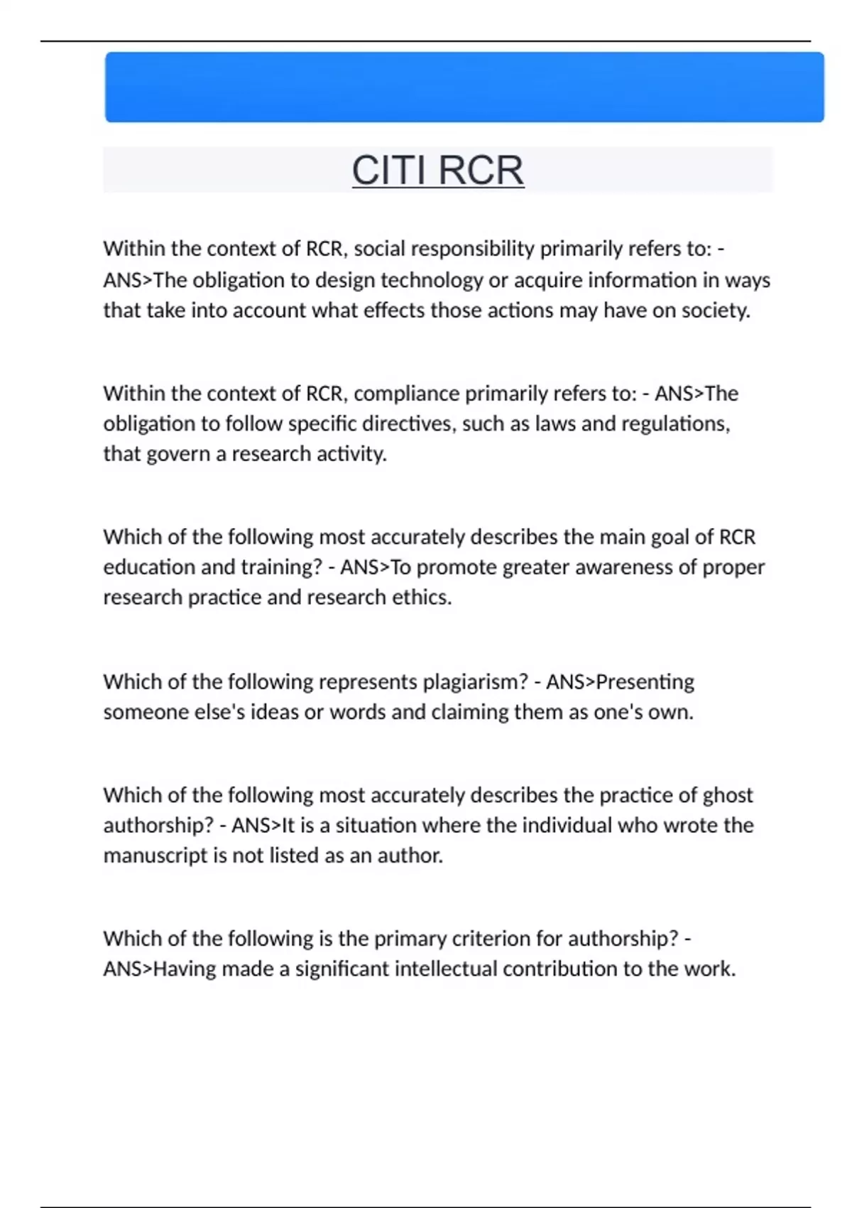 CITI RCR Questions And Answers Latest Update - CITI Training - Stuvia US