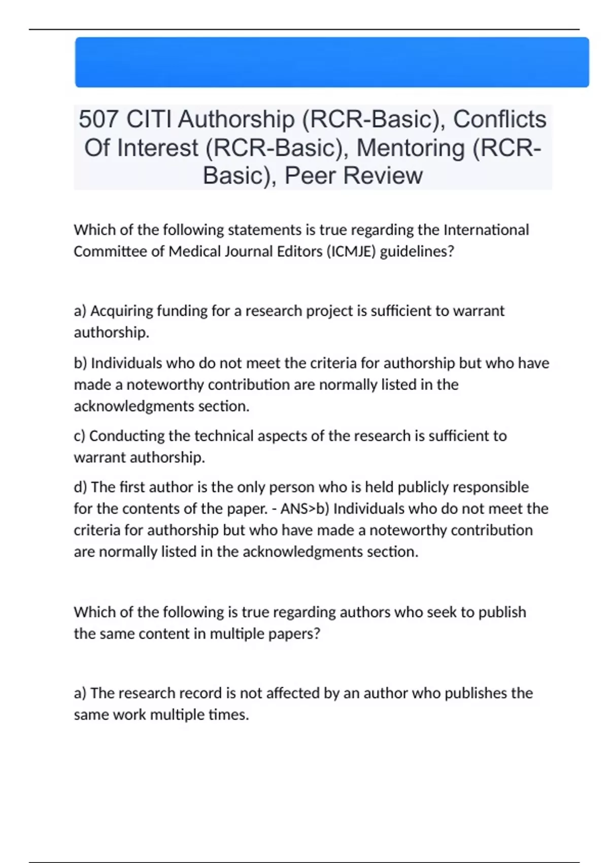 507 CITI Authorship (RCR-Basic), Conflicts Of Interest (RCR-Basic), Mentoring (RCR-Basic), Peer ...