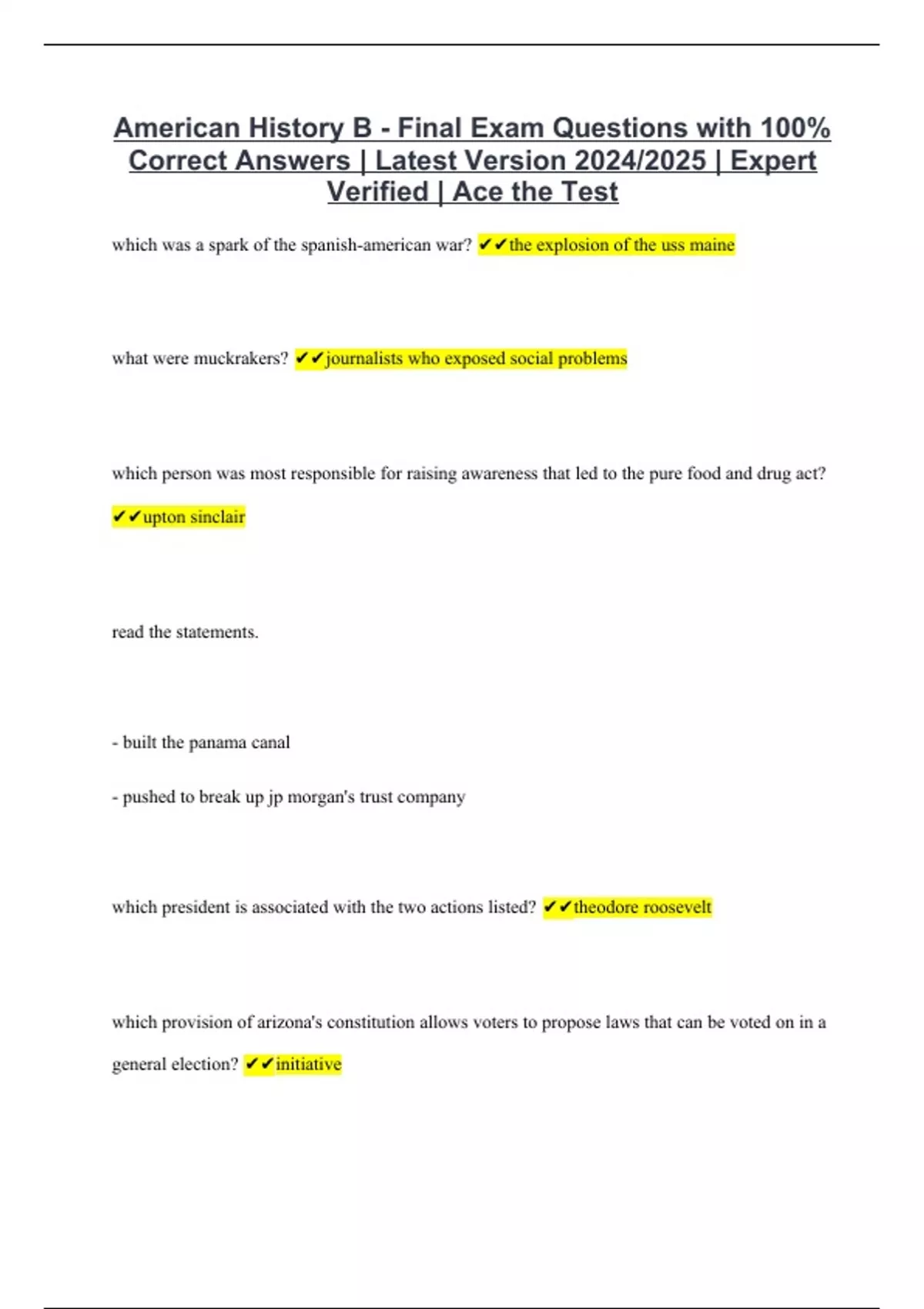 American History B - Final Exam Questions with 100% Correct Answers ...